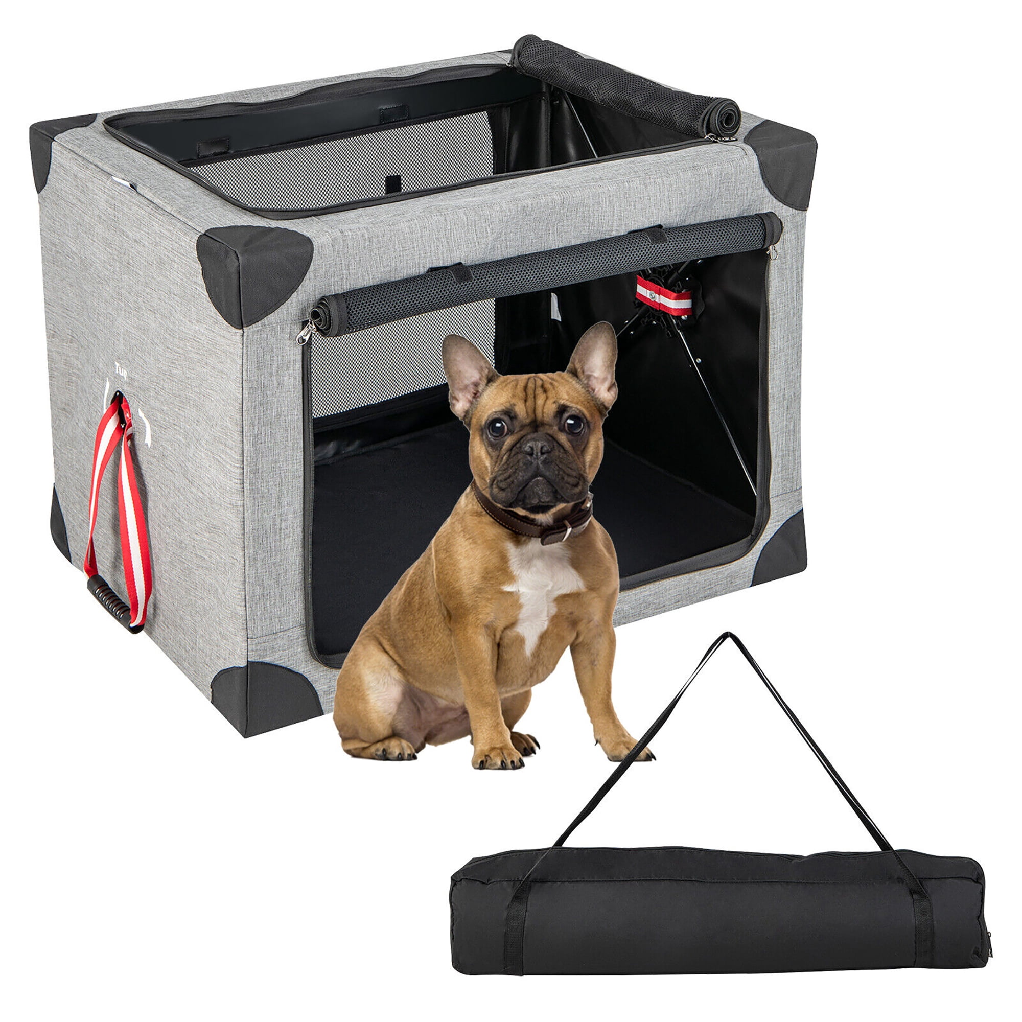 Gymax 32in Portable Folding Dog Crate, Mesh Mat, Locking Zippers, Pet ...