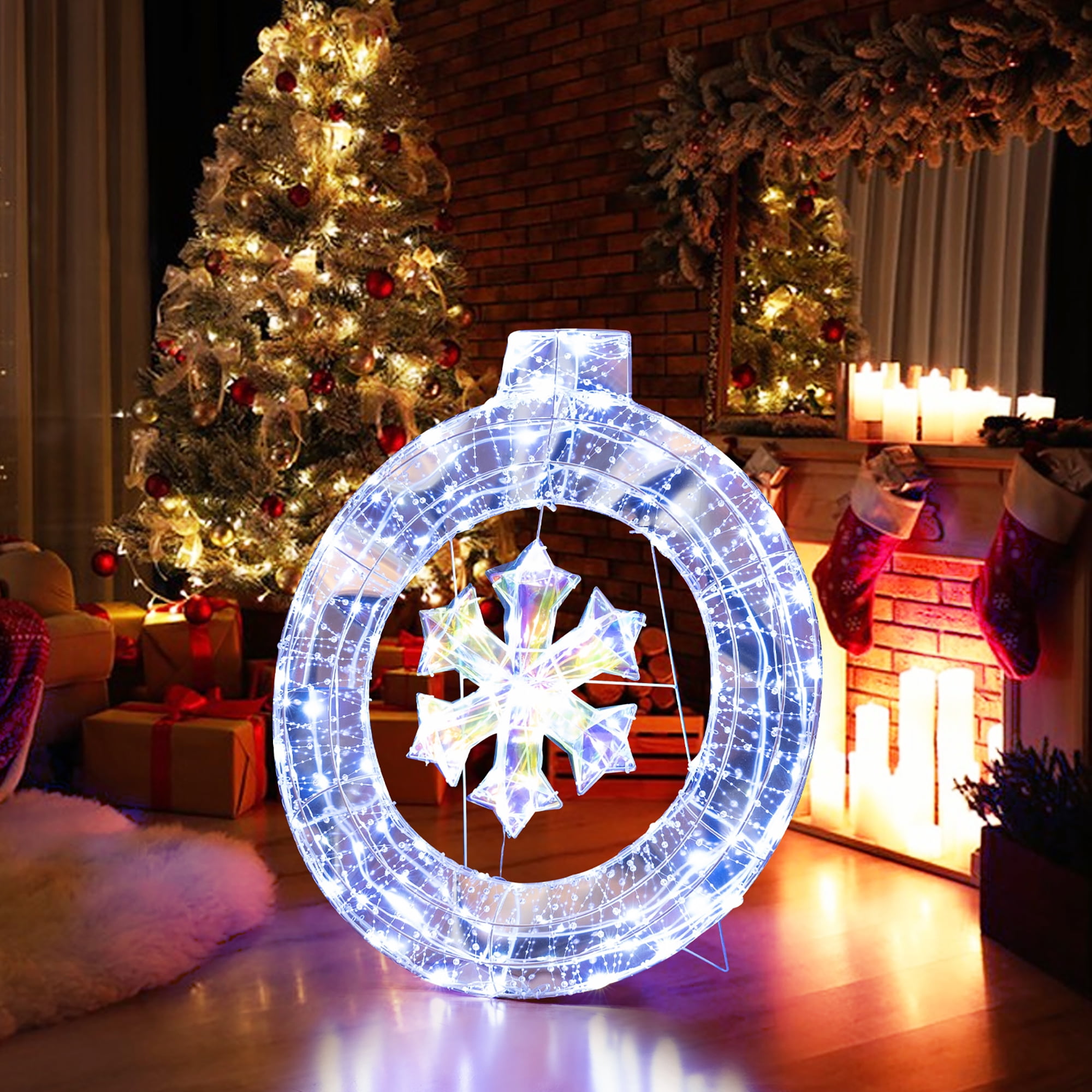 Gymax 33'' Lighted Ornament Pre-Lit Christmas Wreath w/ 128 Cold White LED Lights - Walmart.com