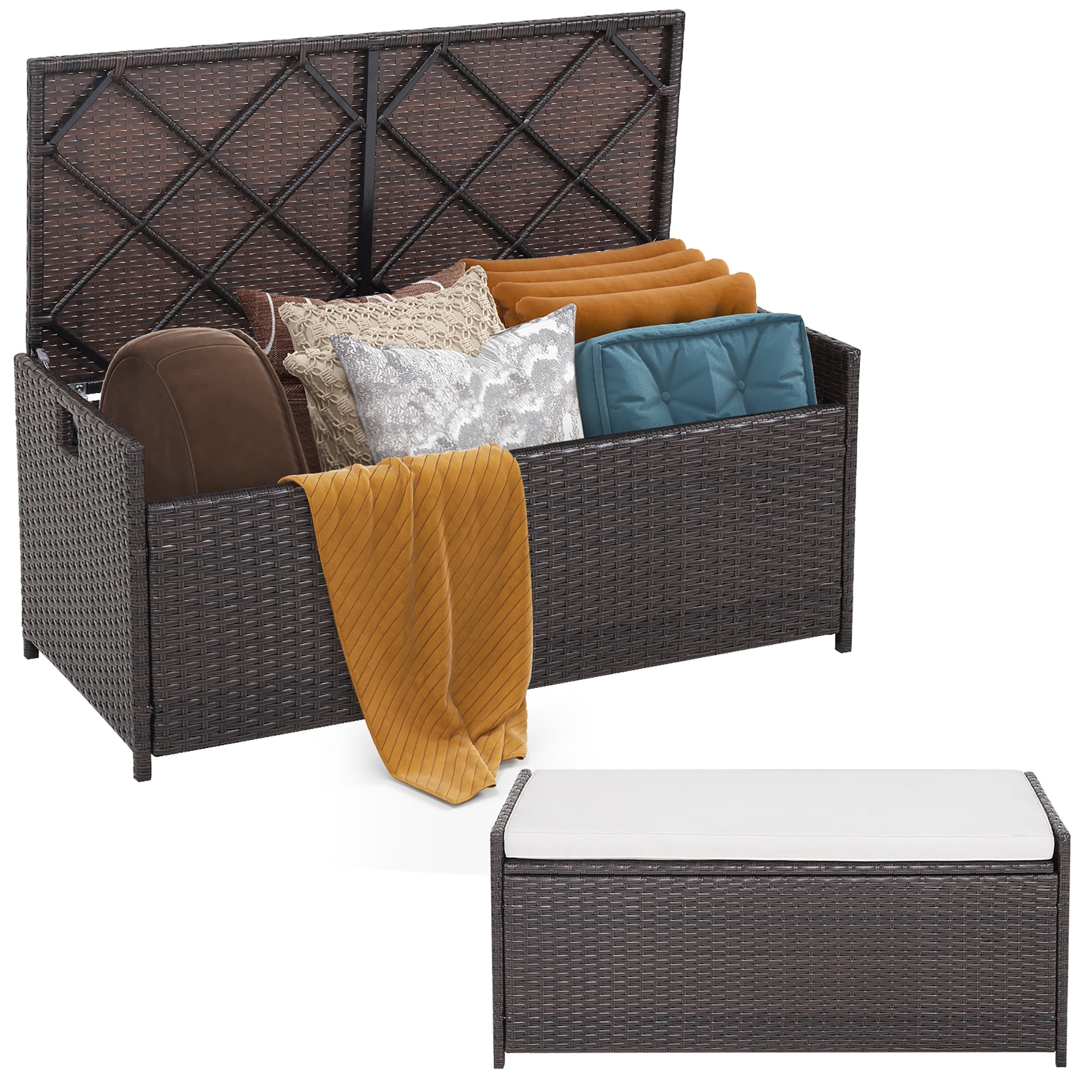 Gymax 34 Gallon Outdoor Storage Patio Bench Patio Wicker Deck Box w ...