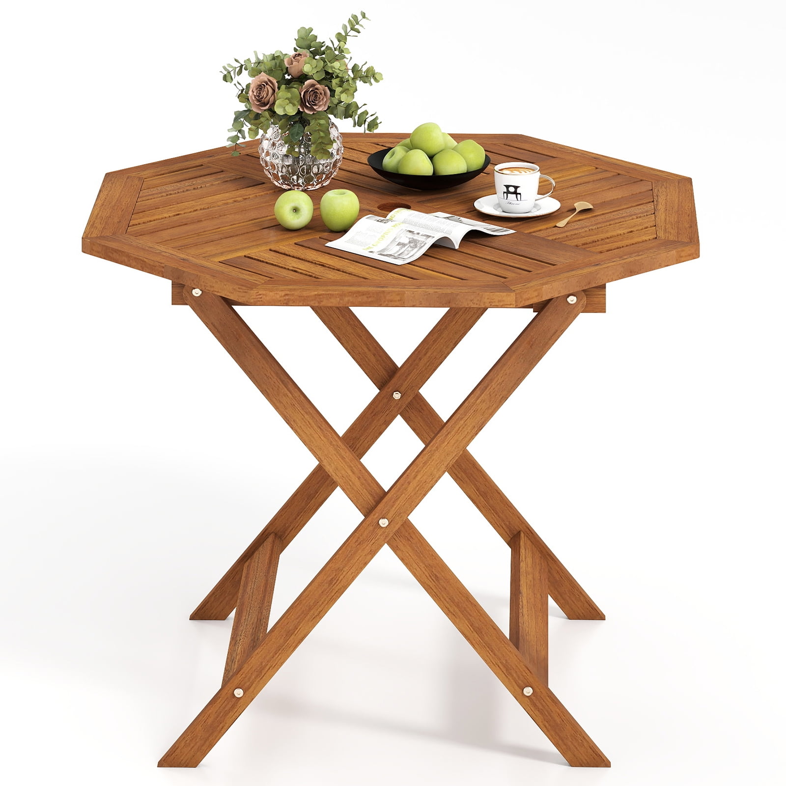 Gymax 35.5'' Solid Wood Patio Dining Table w/1.97'' Umbrella Hole ...