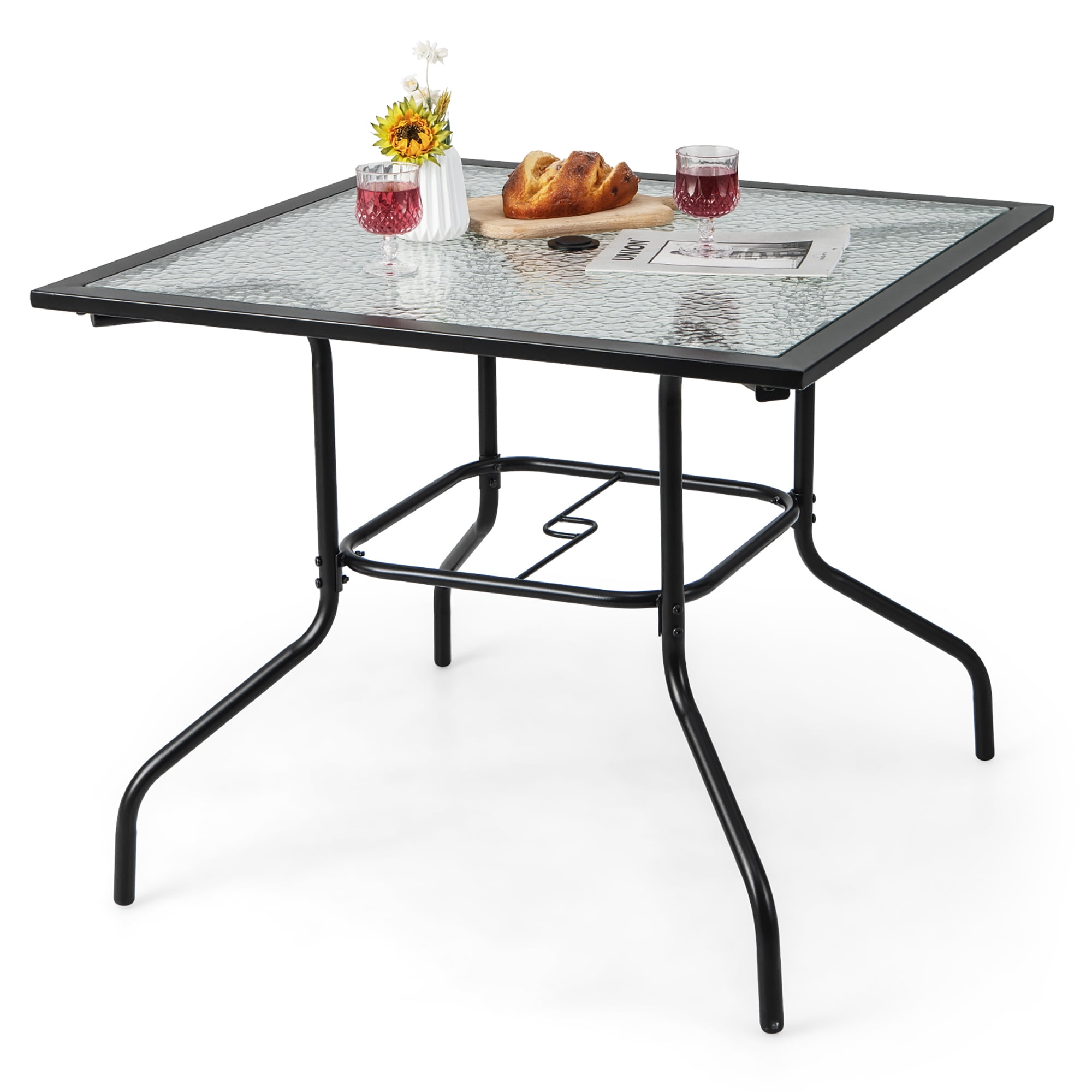 Gymax 35'' Black Metal Dining Top Patio Table with Tempered Glass and ...