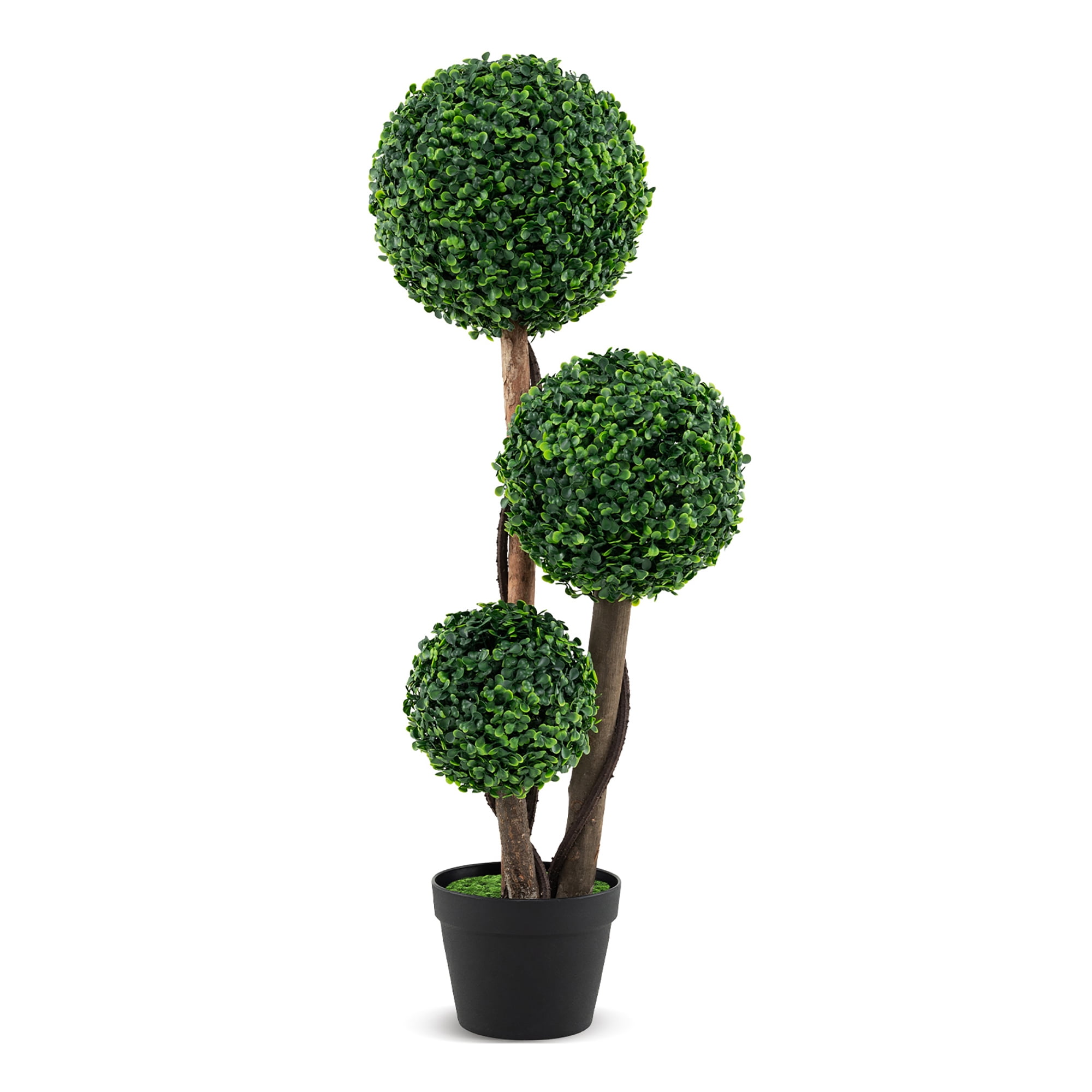 Gymax 36'' Faux Potted Plant w/3 Topiary Balls Solid Wood Trunks Mimic ...