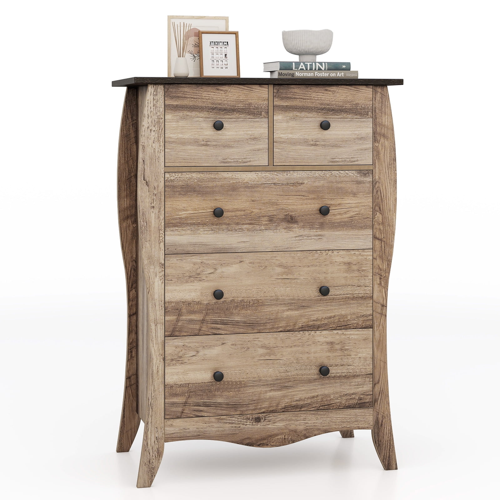 Gymax 38'' Farmhouse Chest of Drawers w/ 5 Folding Fabric Drawers ...