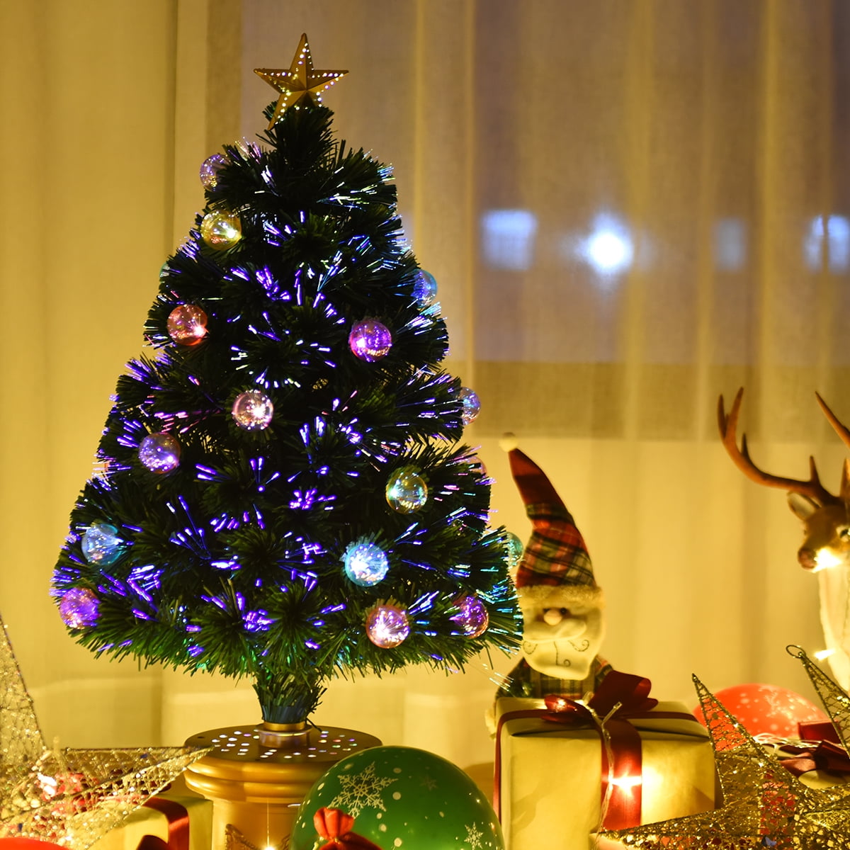 Gymax 3Ft Pre-Lit PVC Christmas Tree Fiber Optical Firework Holiday ...