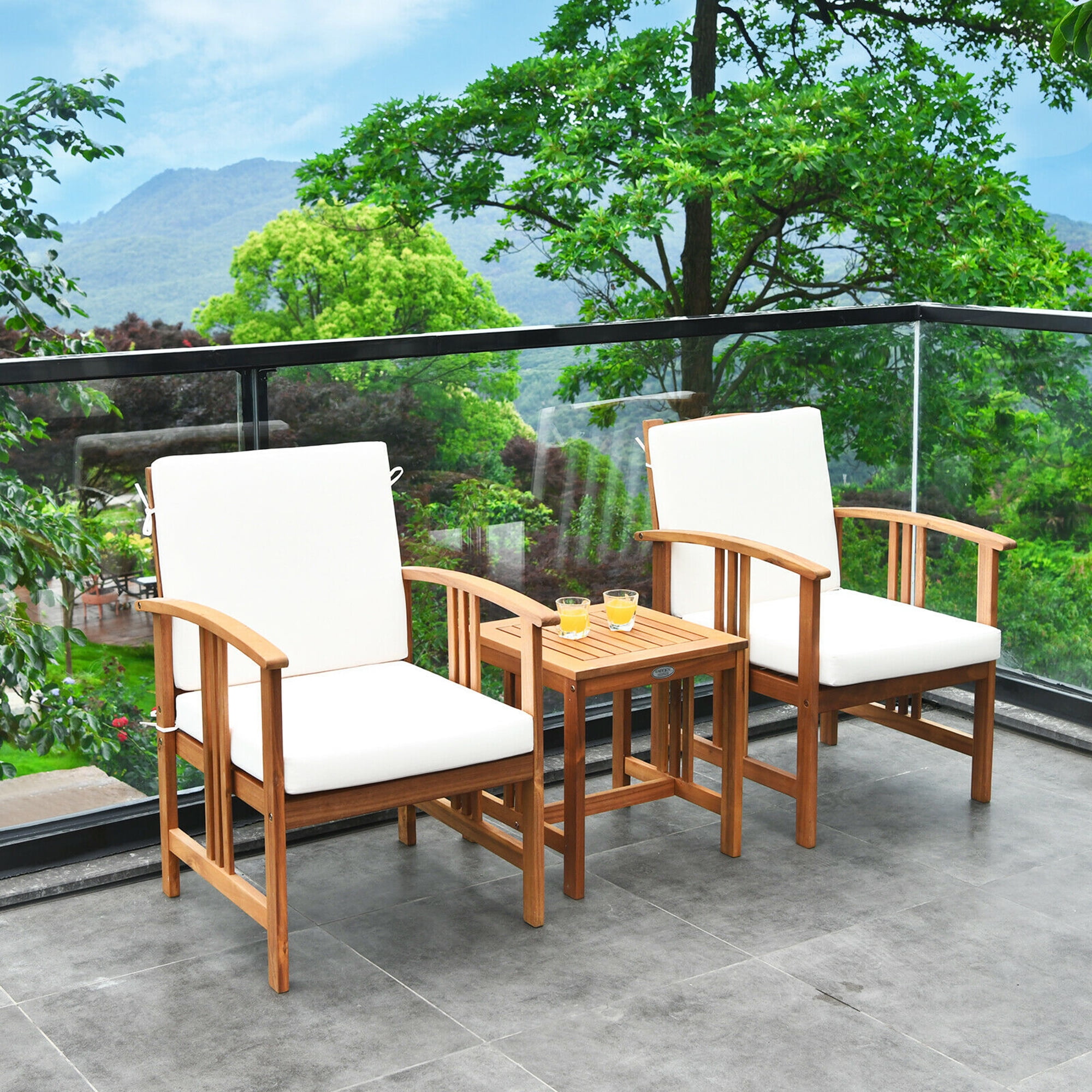 Gymax Modern 3PC Outdoor Patio Sofa Set, Solid Acacia Wood, Cushioned ...