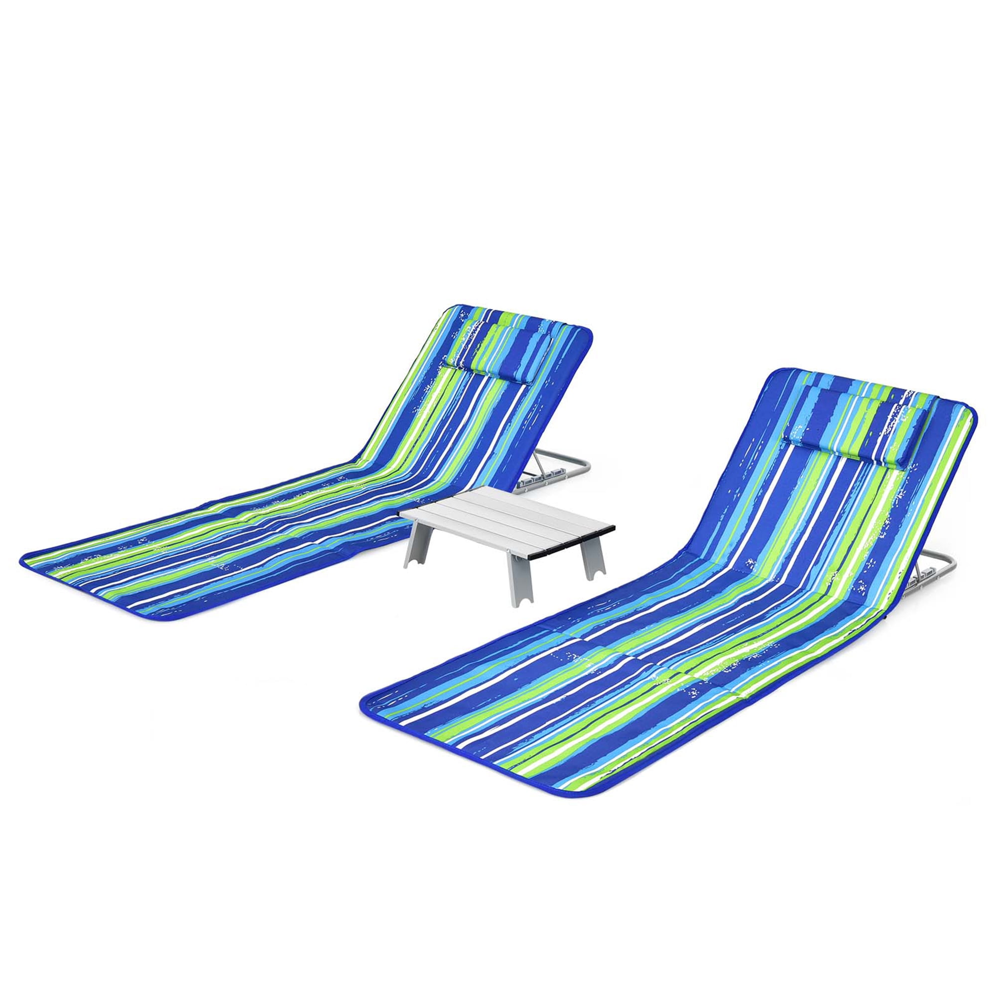 Gymax 3PCS Folding Beach Mat Set, Adjustable Outdoor Lounge Chair ...