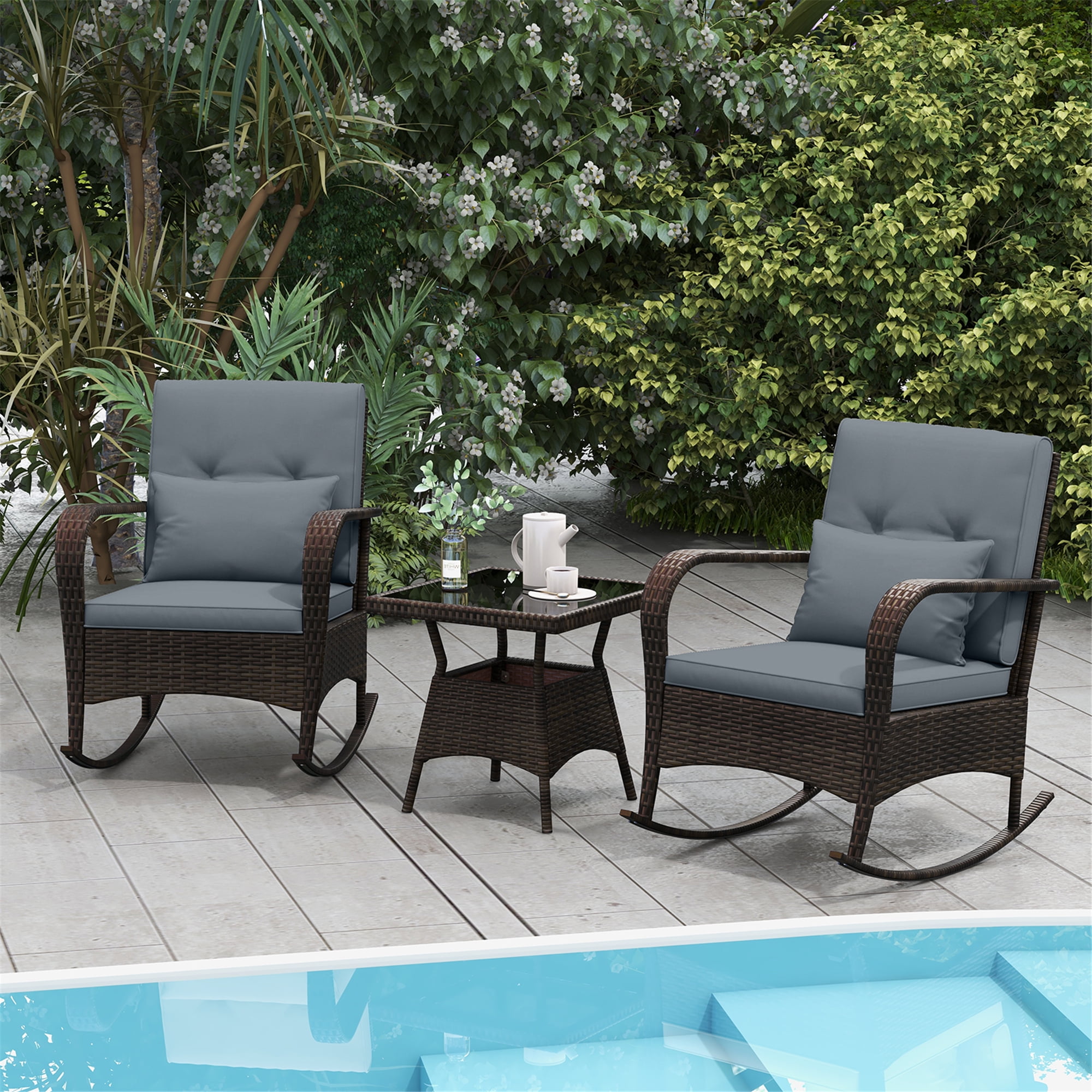 Gymax 3PCS Outdoor Rocking Set Rattan Rocker Chairs w/ Tempered Glass ...