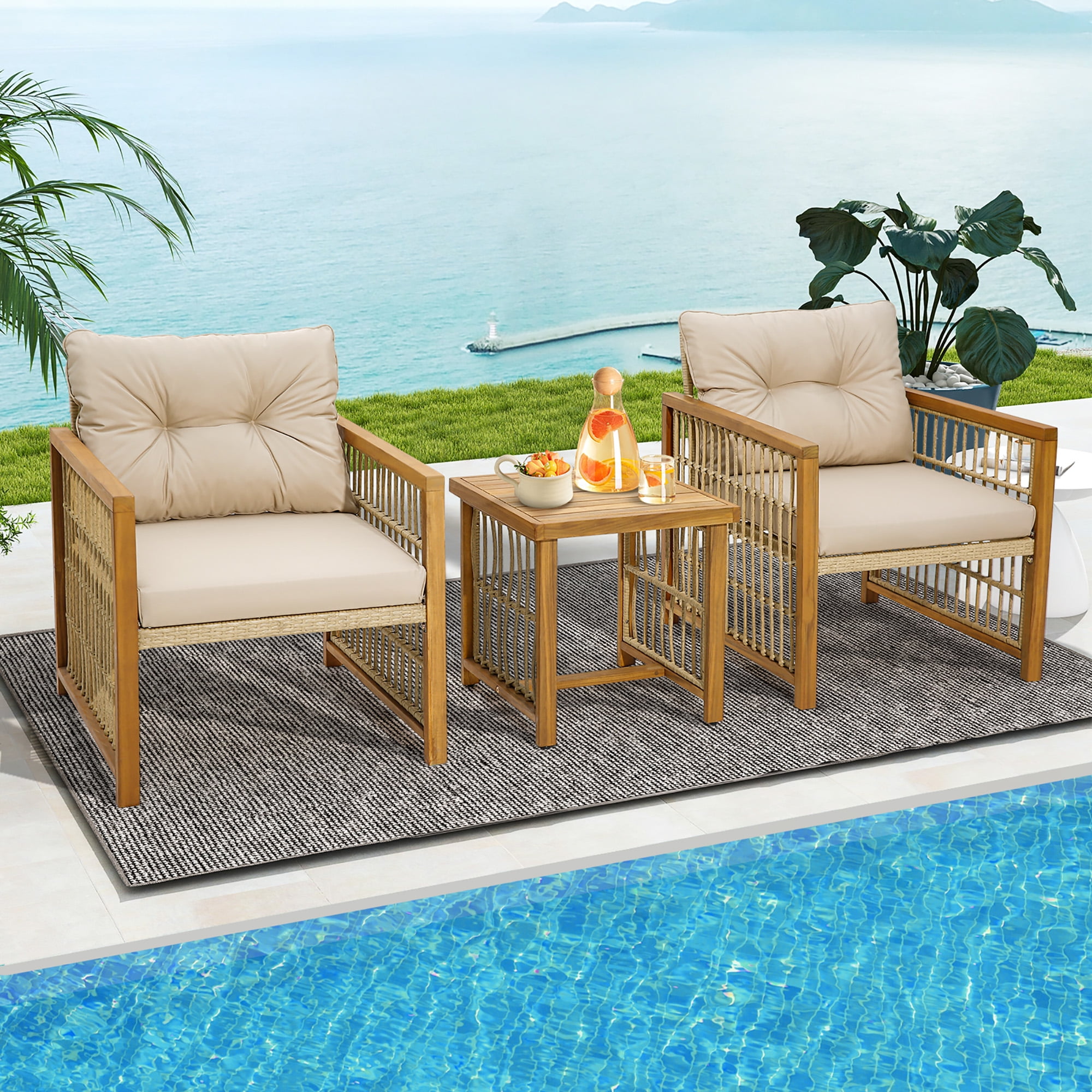 Gymax 3PCS Patio Acacia Wood PE Wicker Furniture Set w/ Soft Seat ...