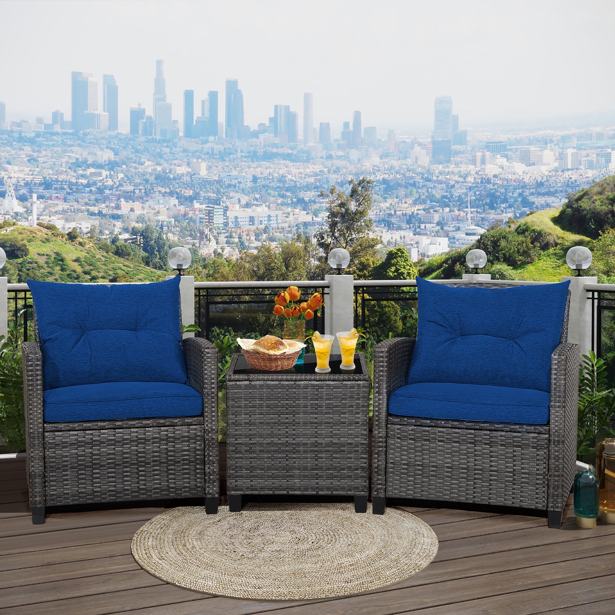 Gymax 3PCS Patio Rattan Furniture Set, Outdoor Wicker Seating ...