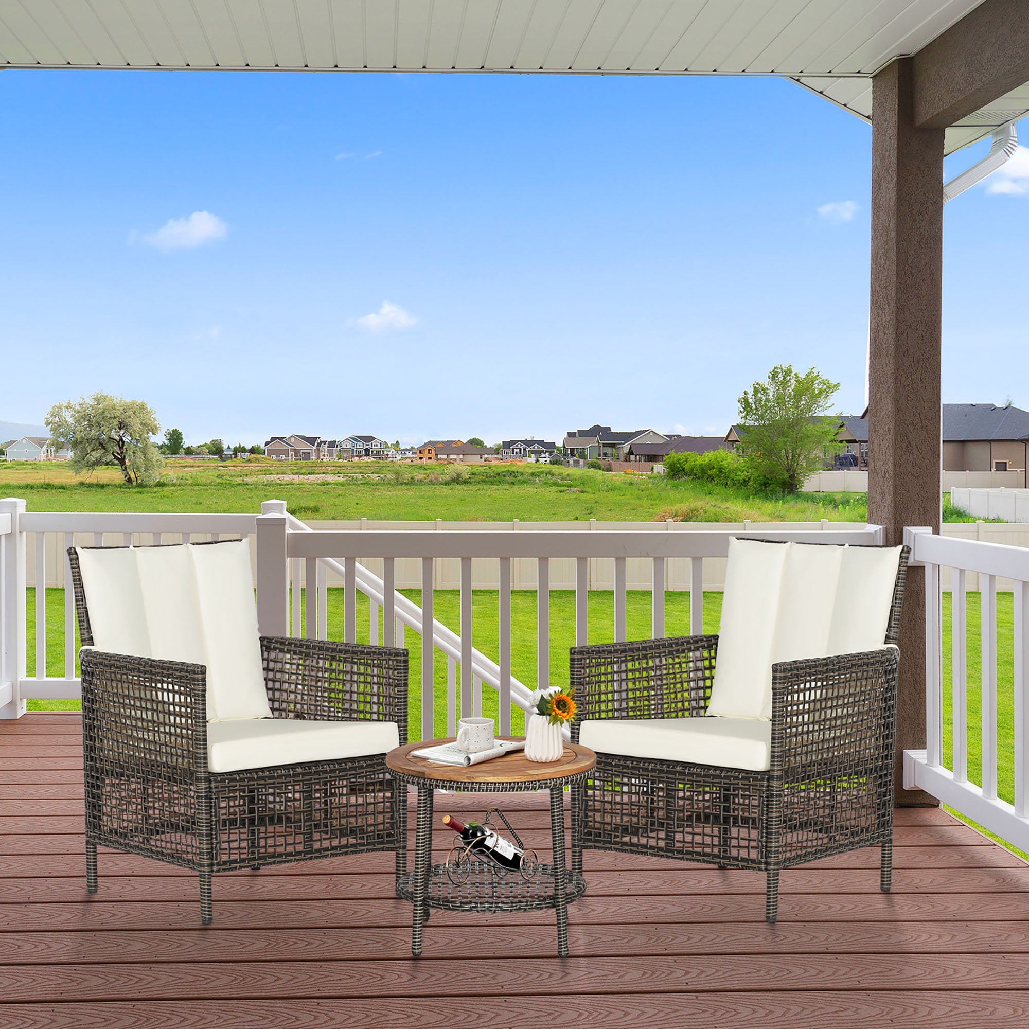 Gymax 3PCS Patio Wicker Bistro Set Furniture Set PE Rattan Table Set w ...