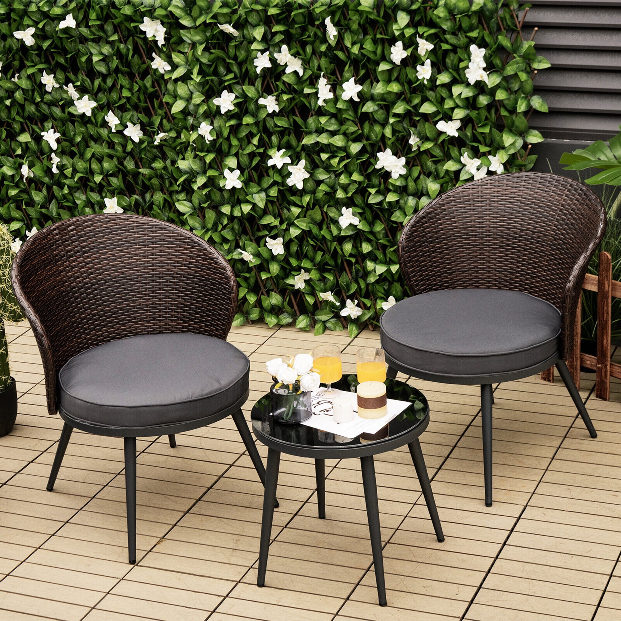 Gymax 3PCS Rattan Patio Bistro Set Outdoor Conversation Furniture Set w ...