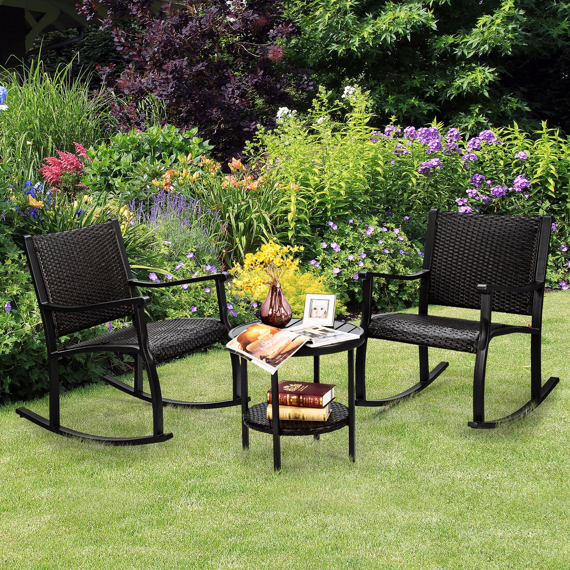 Gymax 3PCS Rattan Rocking Bistro Set Patio Conversation Set Patio Yard ...