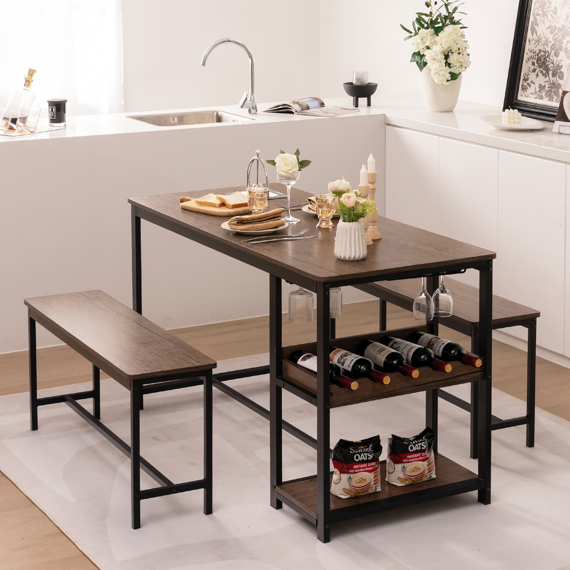 Gymax 3PCS Rustic Kitchen Dining Set, Storage Rack, Rectangular Table ...