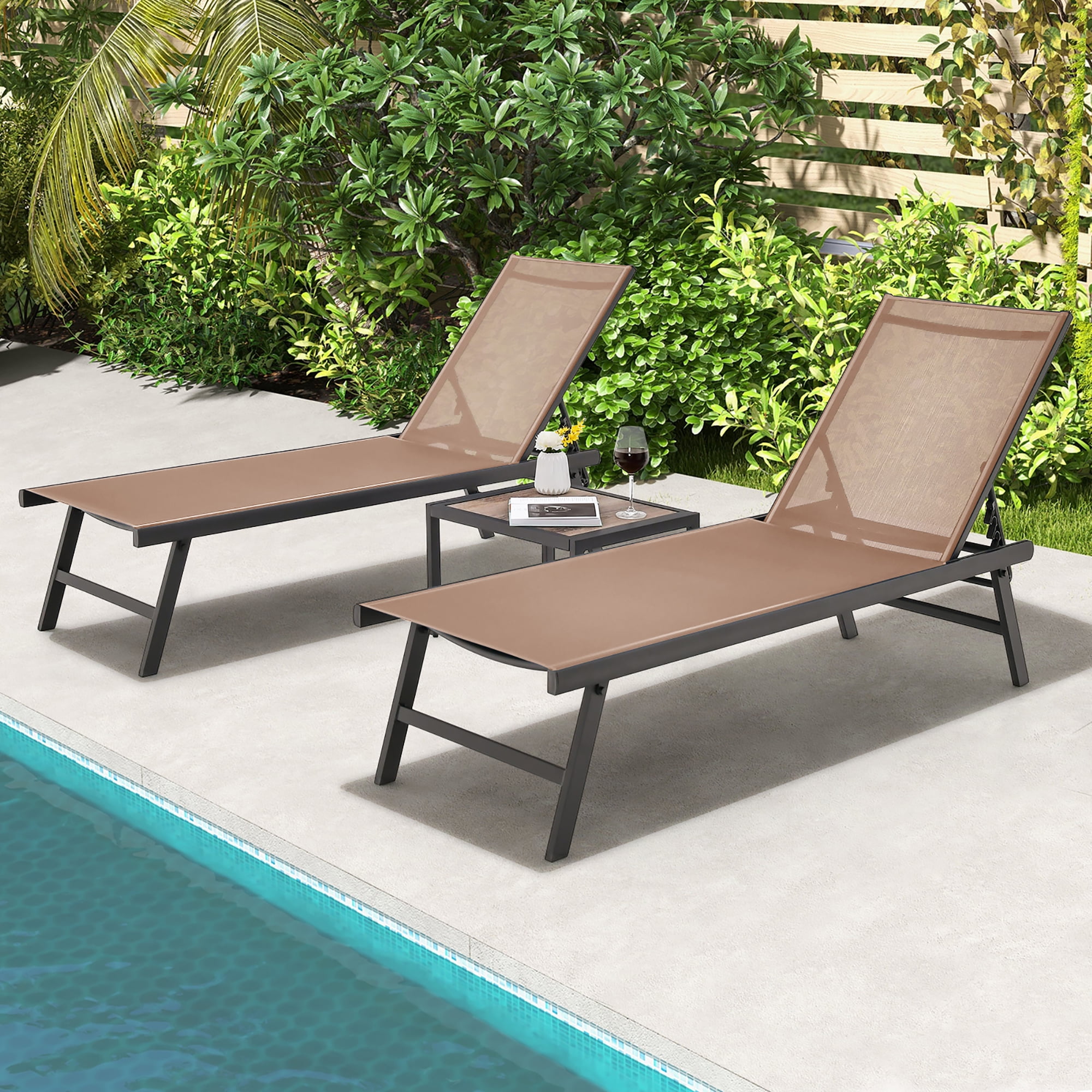 Gymax 3pcs Patio Furniture Set, Aluminum Deck Loungers with Table ...