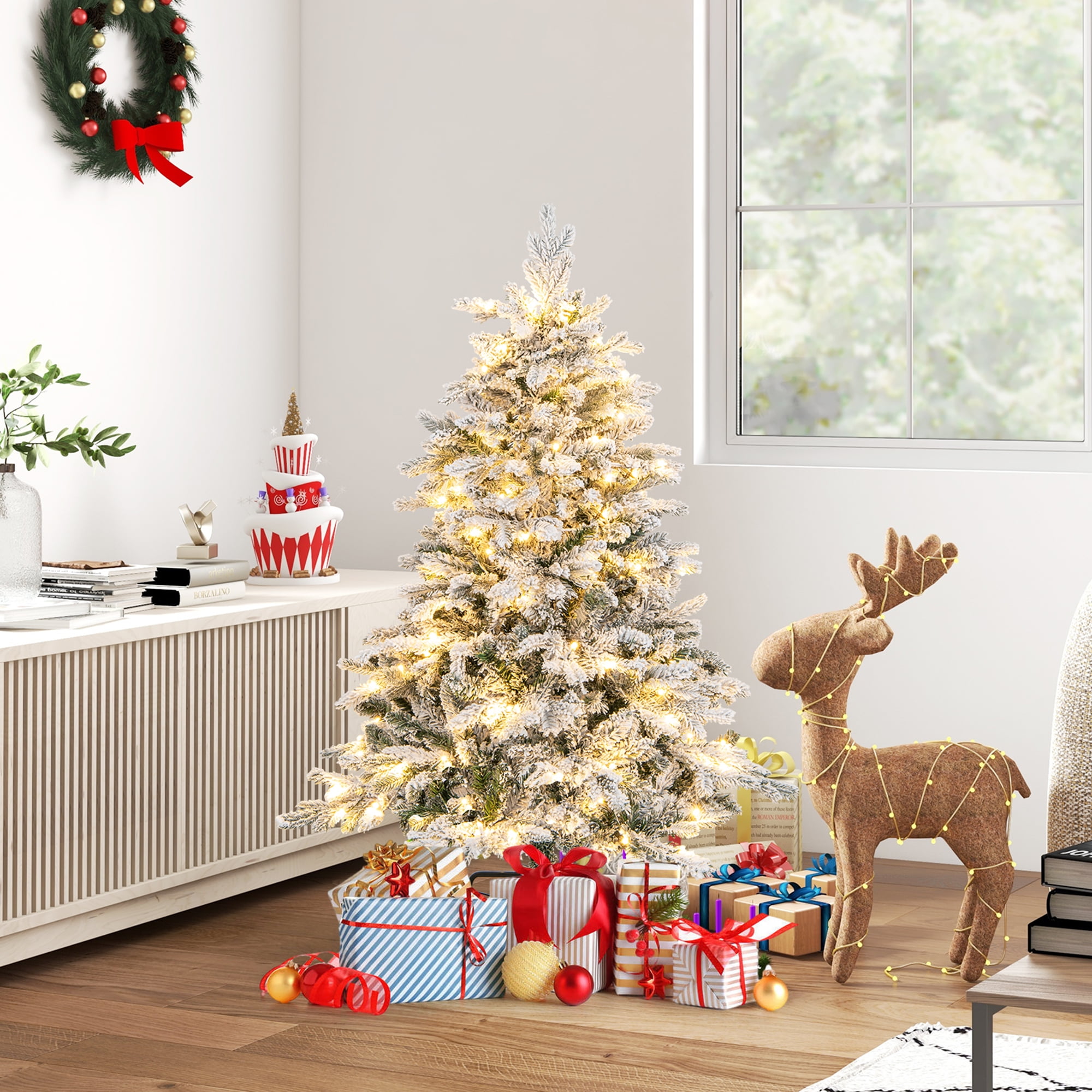 Gymax 4.5 ft Pre-Lit Artificial Christmas Tree, Snow Flocked Hinged Design, 757 Tips, 120 LED ...