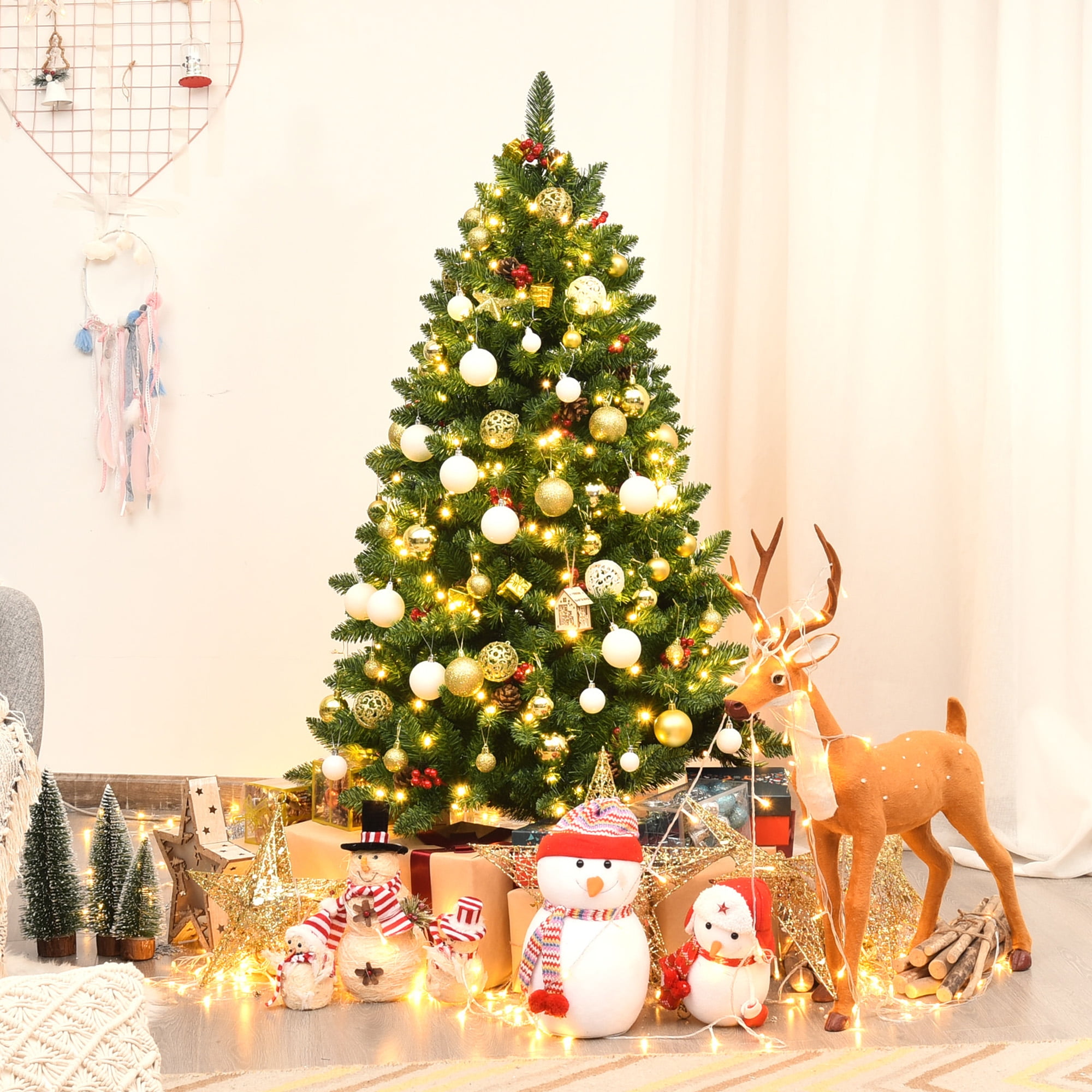 Gymax Pre-Lit 4.5FT Christmas Tree, Hinged Artificial Indoor Tree with ...