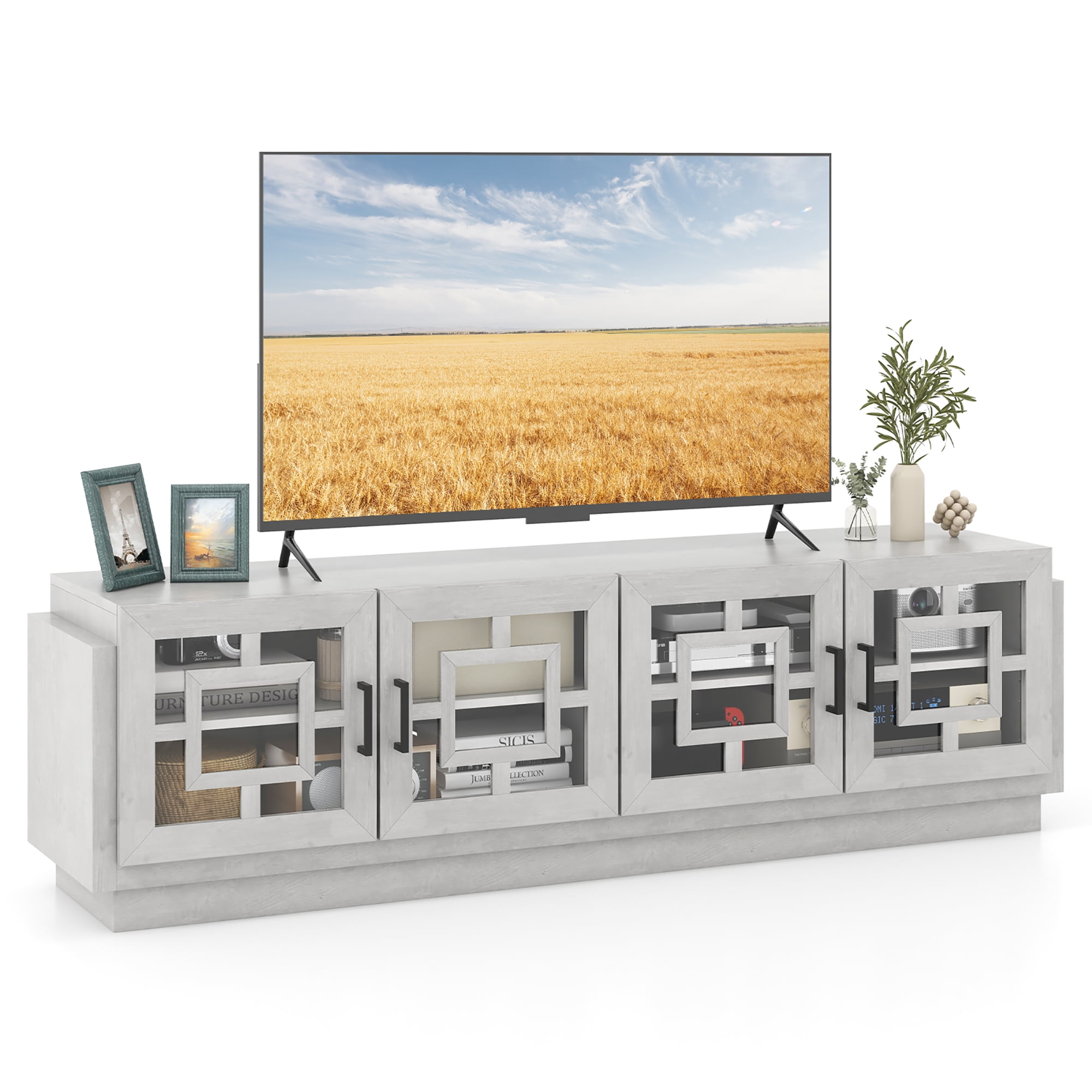 Gymax 4-Door Glass Entertainment Center Farmhouse TV Stand for TVs up ...