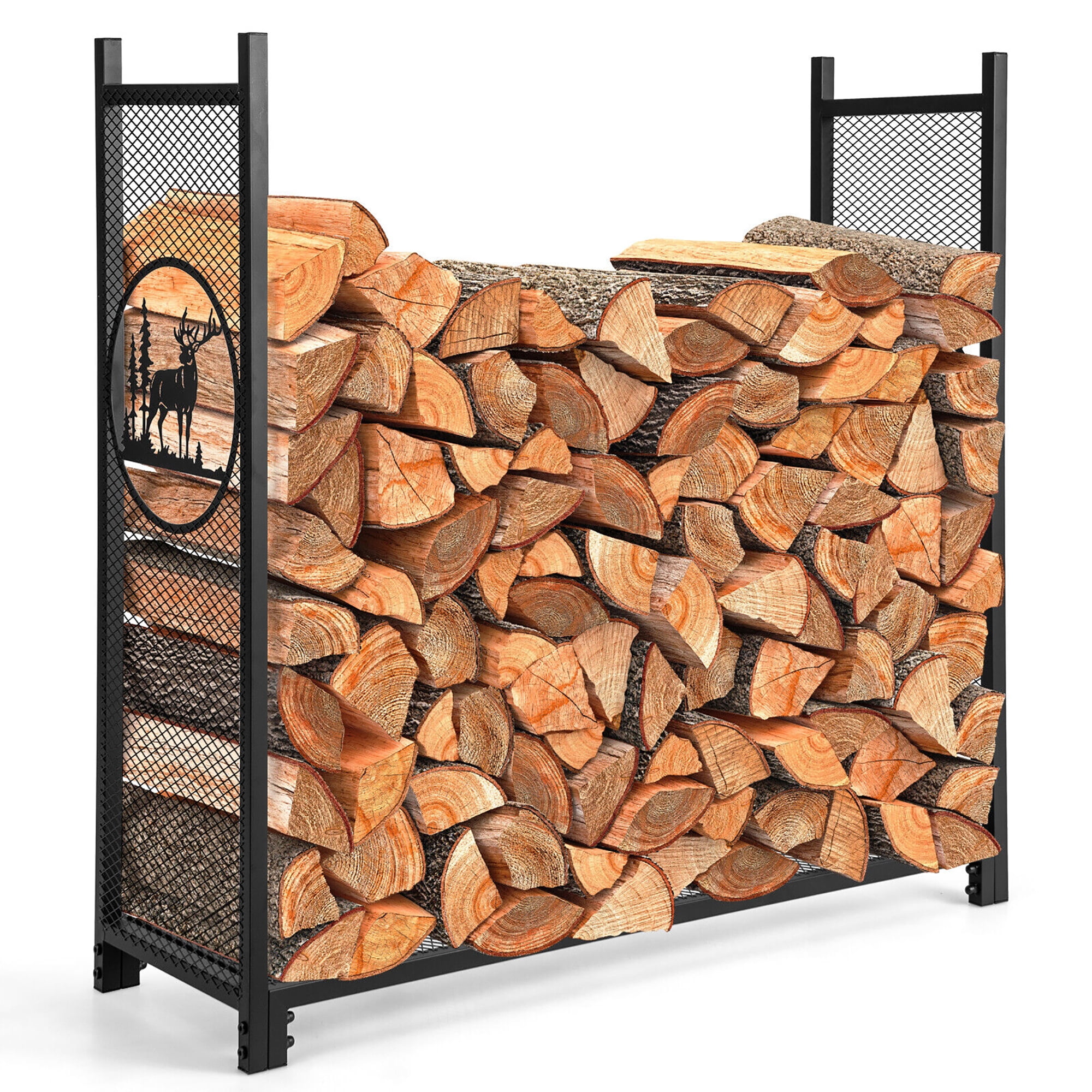 Gymax Firewood Rack, 4 FT Heavy-Duty Metal Stand, Log Holder with Mesh ...