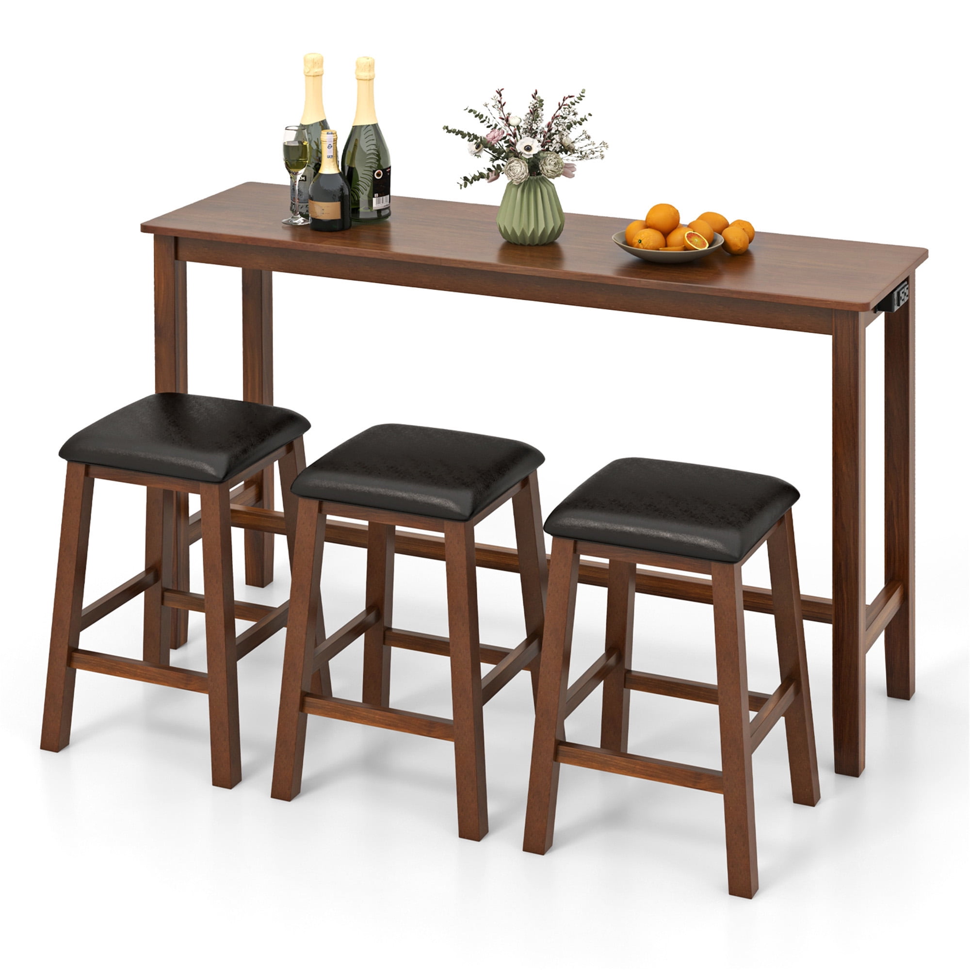 Gymax 4-Piece Bar Table Set w/ Power Outlet Counter-Height Table & 3 ...