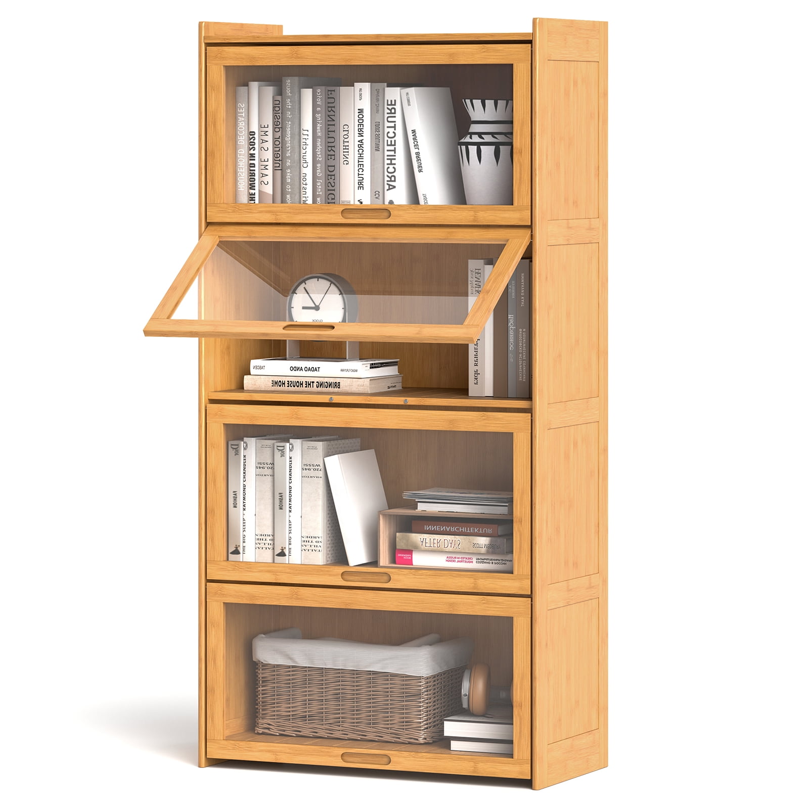 Gymax 4-Tier Bamboo Bookshelf w/Doors See-through Acrylic Doors ...