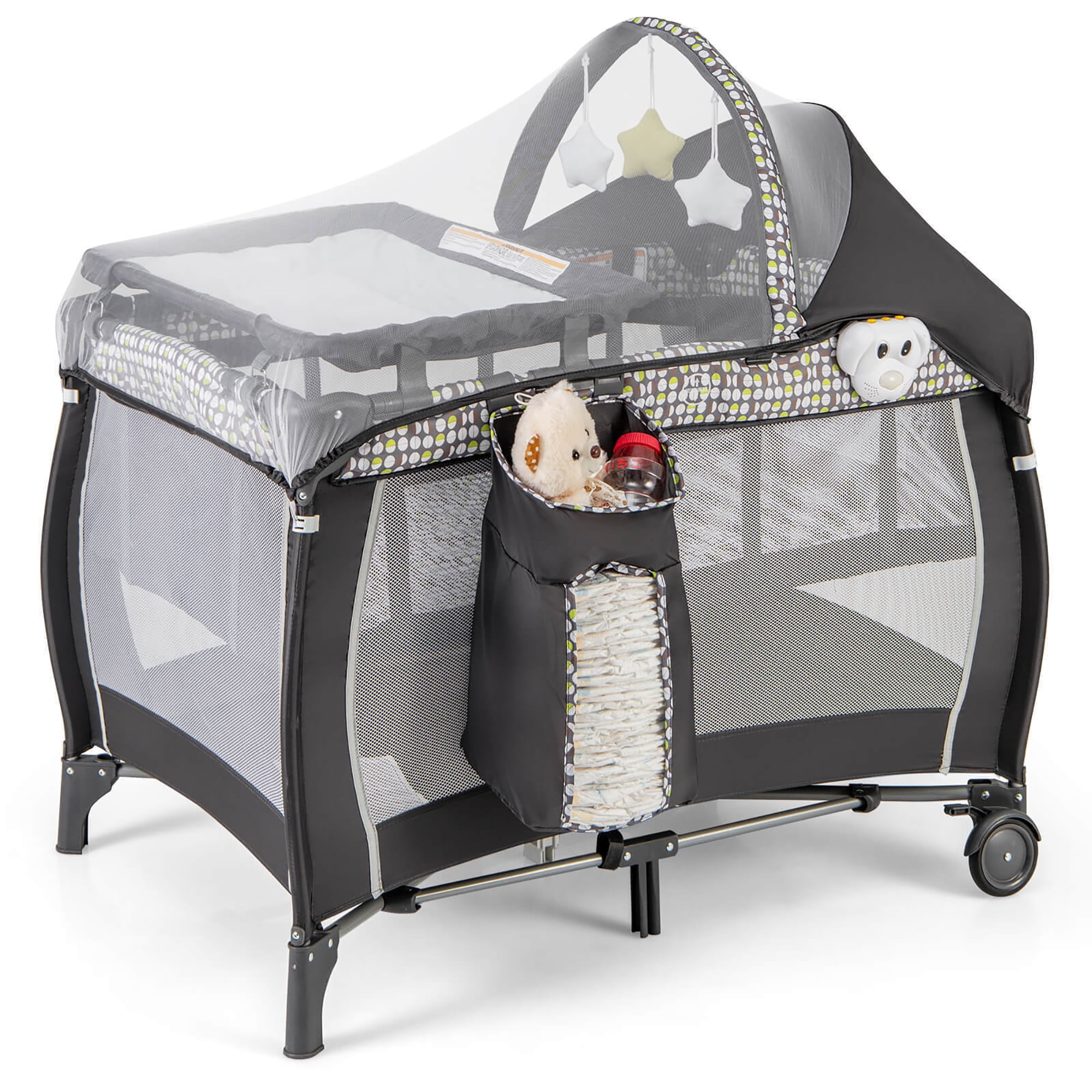 Gymax 4-in-1 Baby Playard Nursery Center Bassinet w/ Music & Canopy ...