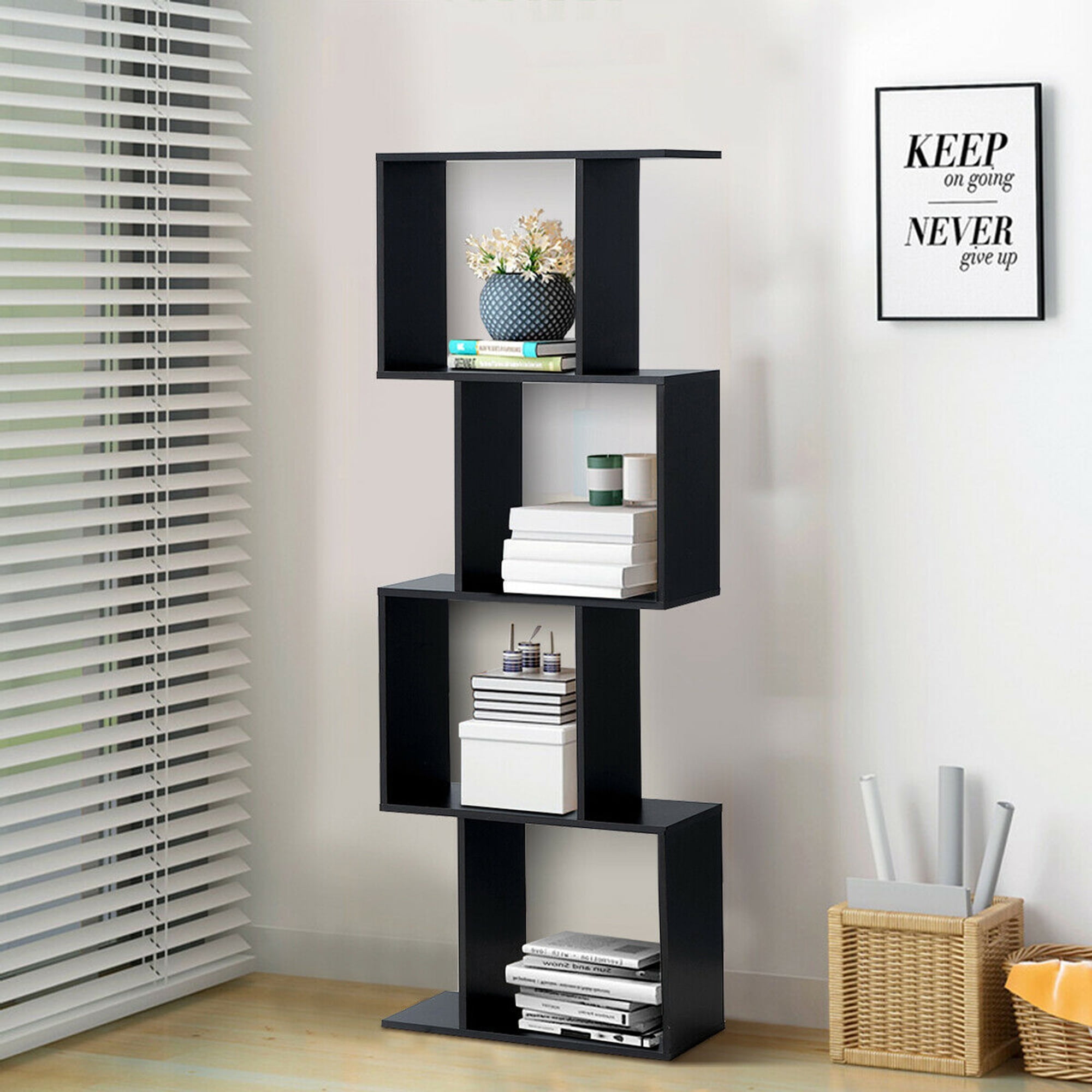 Gymax 4-tier Free Standing Storage Rack S-Shaped Bookcase Wooden ...
