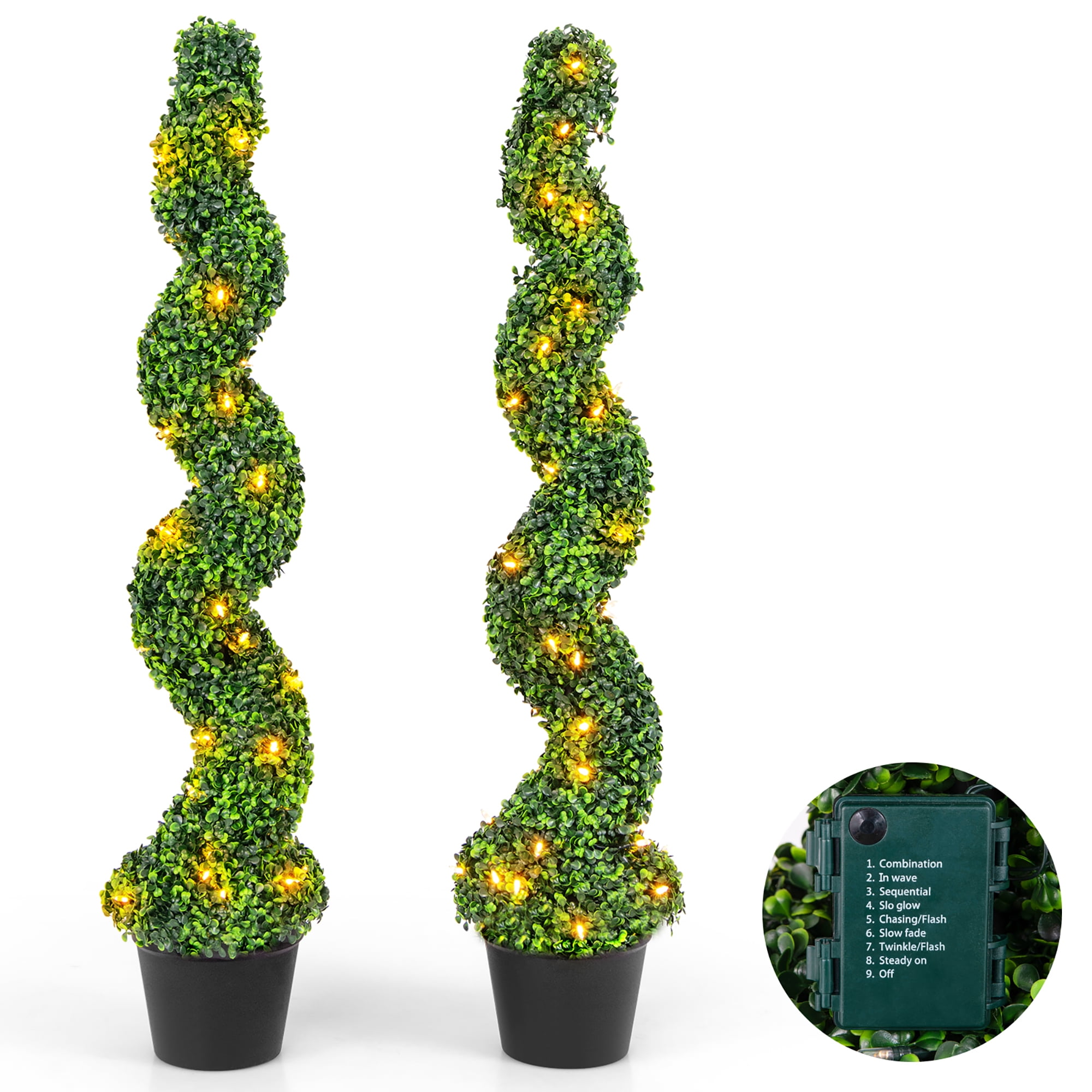 Gymax 47'' Pre-Lit Artificial Boxwood Spiral Topiary Tree Set of 2 w ...