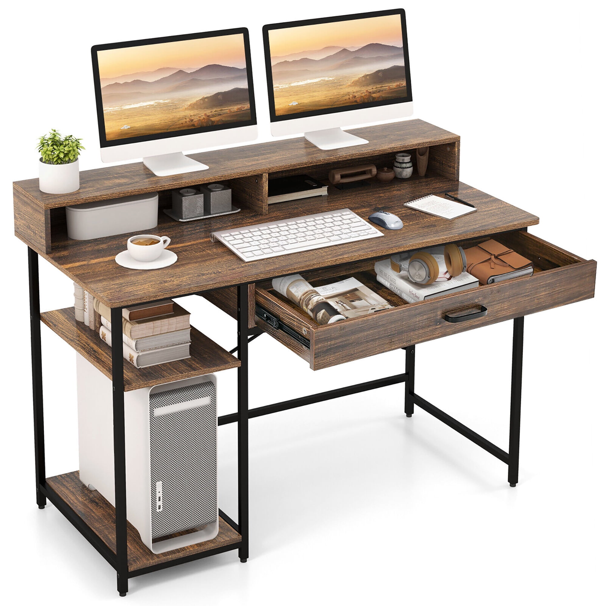 Gymax 48'' Computer Desk Workstation with Monitor Stand Storage Drawer ...
