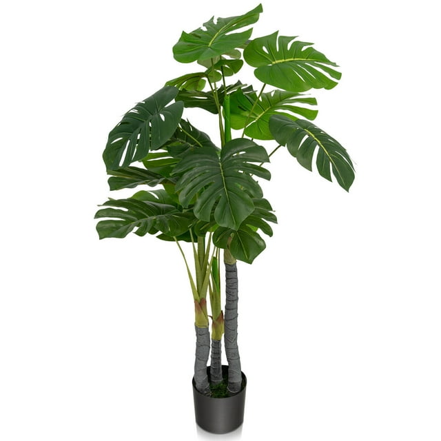 Gymax 4FT Potted Plant, Artificial Monstera Palm Tree, Fake Tree for ...