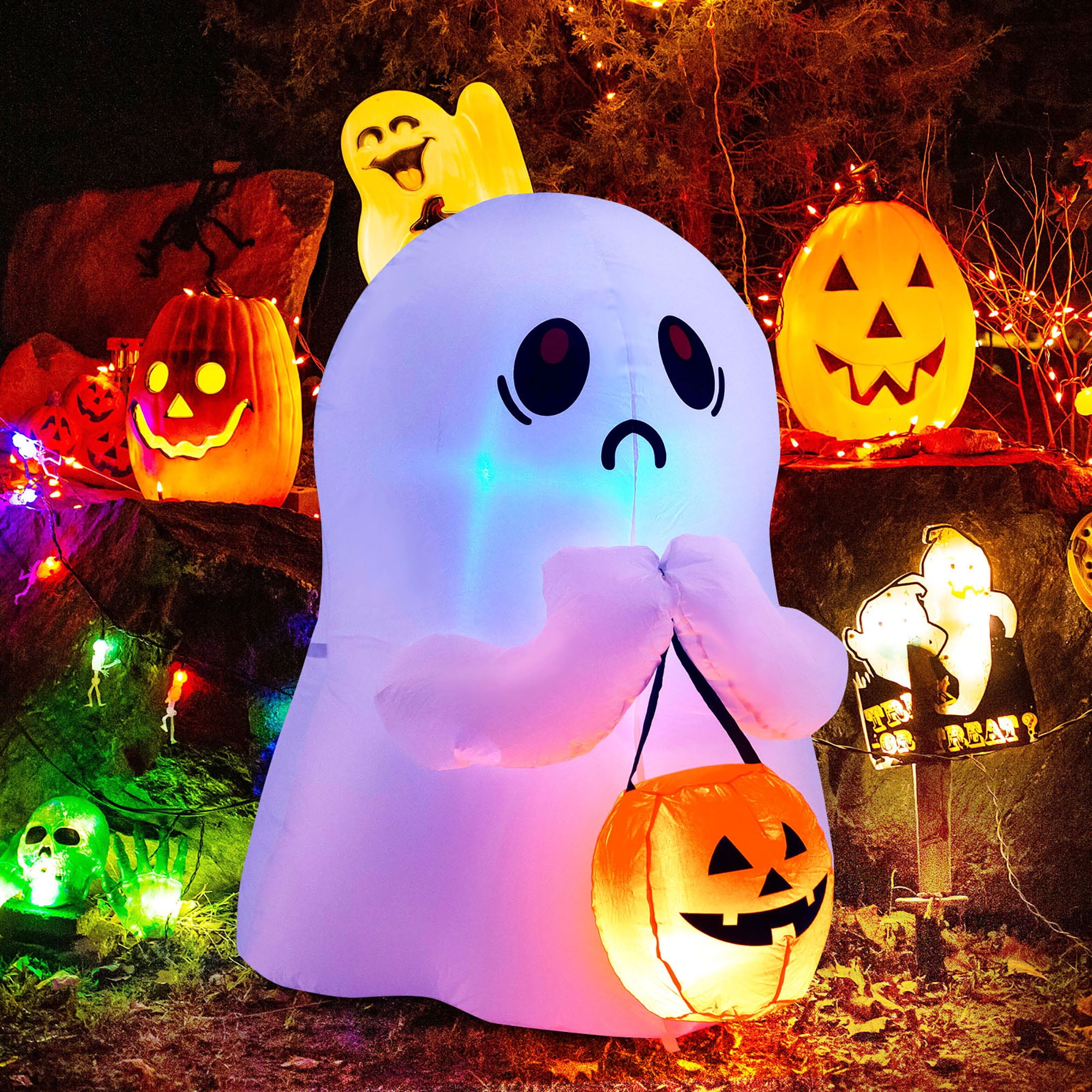 Gymax Outdoor Yard 4FT Inflatable Halloween Ghost with Pumpkin ...