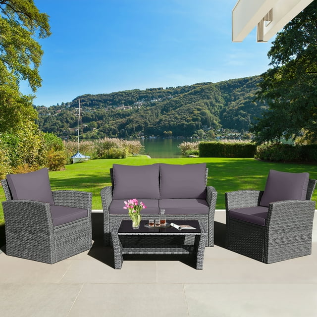 Gymax 4pcs Patio Rattan Conversation Set Outdoor Backyard Porch