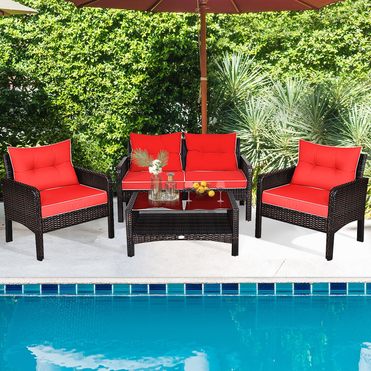 Gymax 4PCS Rattan Patio Set, Weather-Resistant, Red Cushioned Outdoor ...