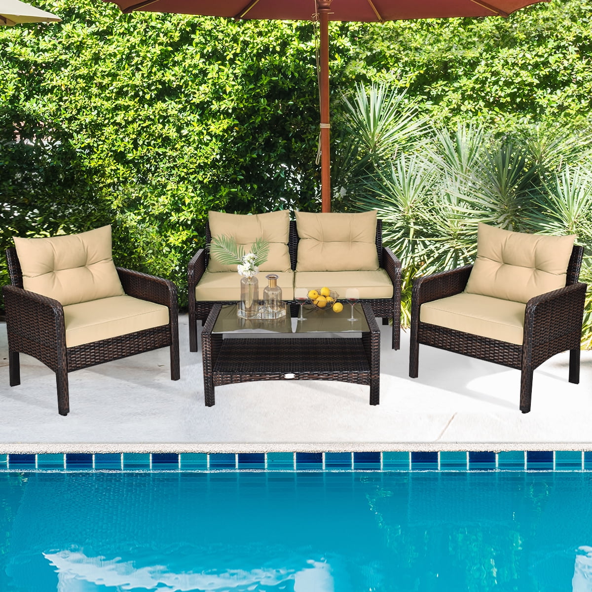 Gymax 4PCS Rattan Wicker Patio Set, Weather-Resistant Outdoor Furniture ...