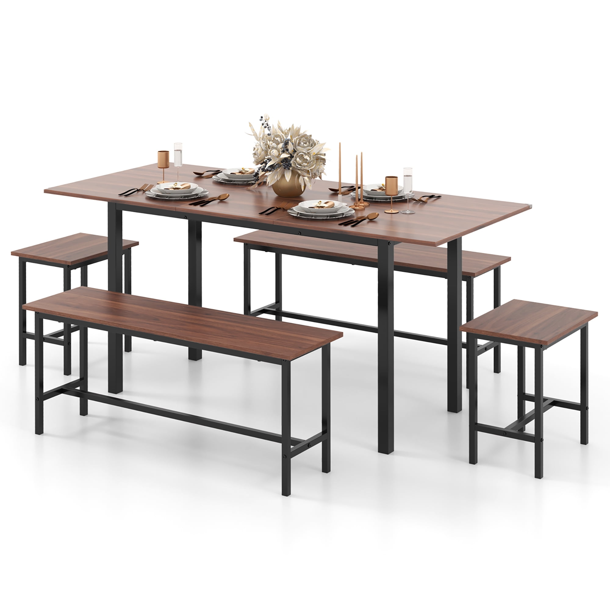 Gymax 5 PCS Dining Table Set for 4-6 w/ 2 Benches & 2 Stools Metal ...
