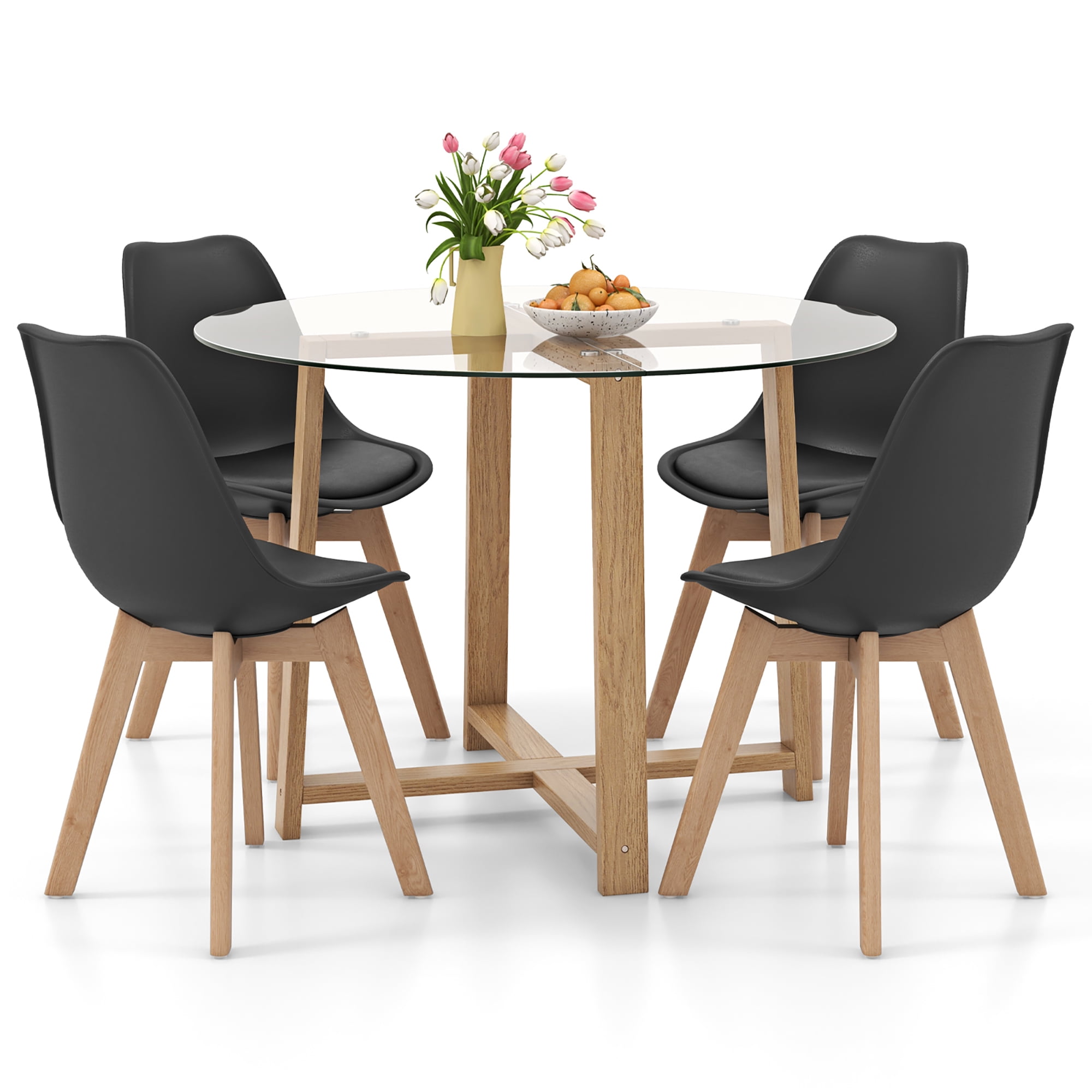 Gymax 5 PCS Dining Table Set for 4 w/ Solid Wood Legs Tempered Glass ...