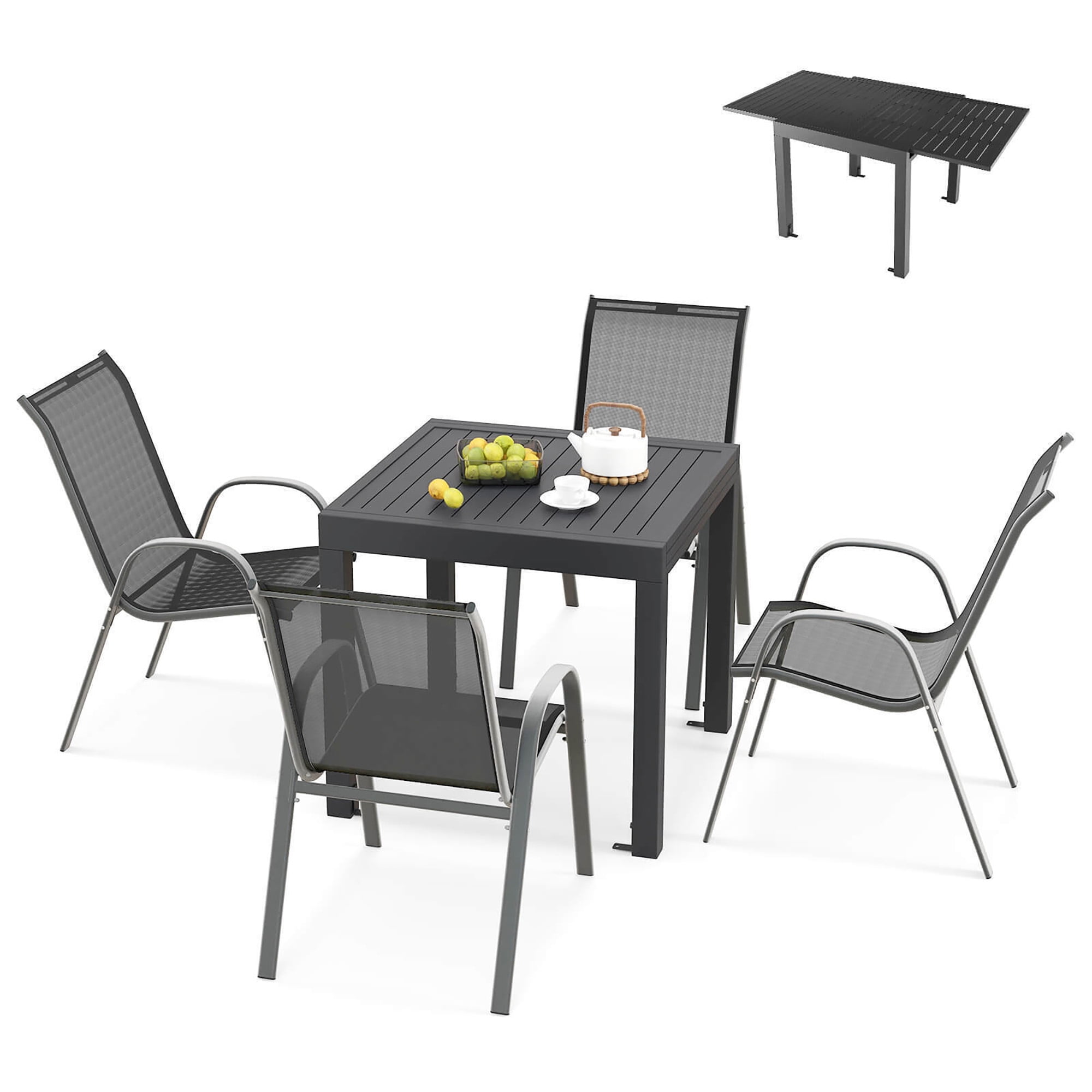 Gymax 5 PCS Outdoor Dining Table Set w/ Extendable Aluminum Table & 4 ...