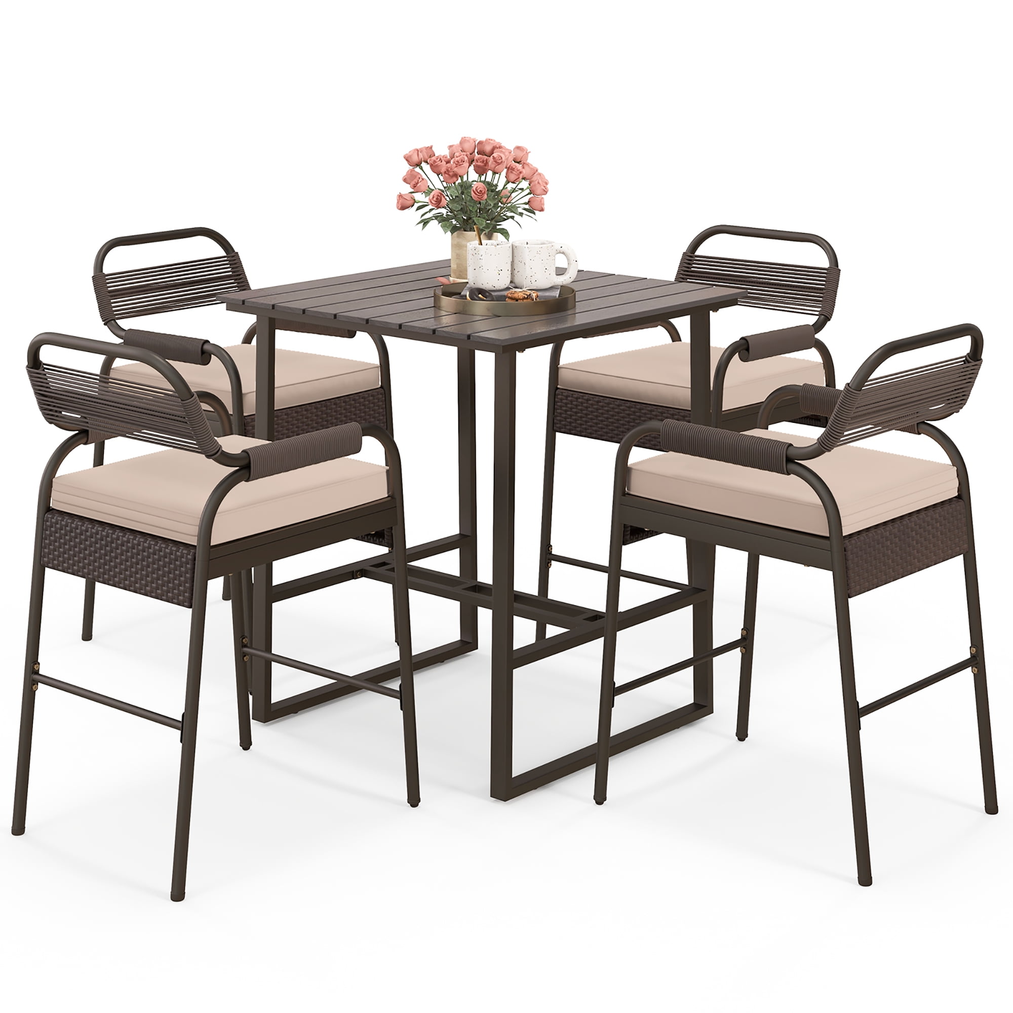 Gymax 5-Piece Patio Rattan Counter Set Counter Height Square Table w/ 4 ...