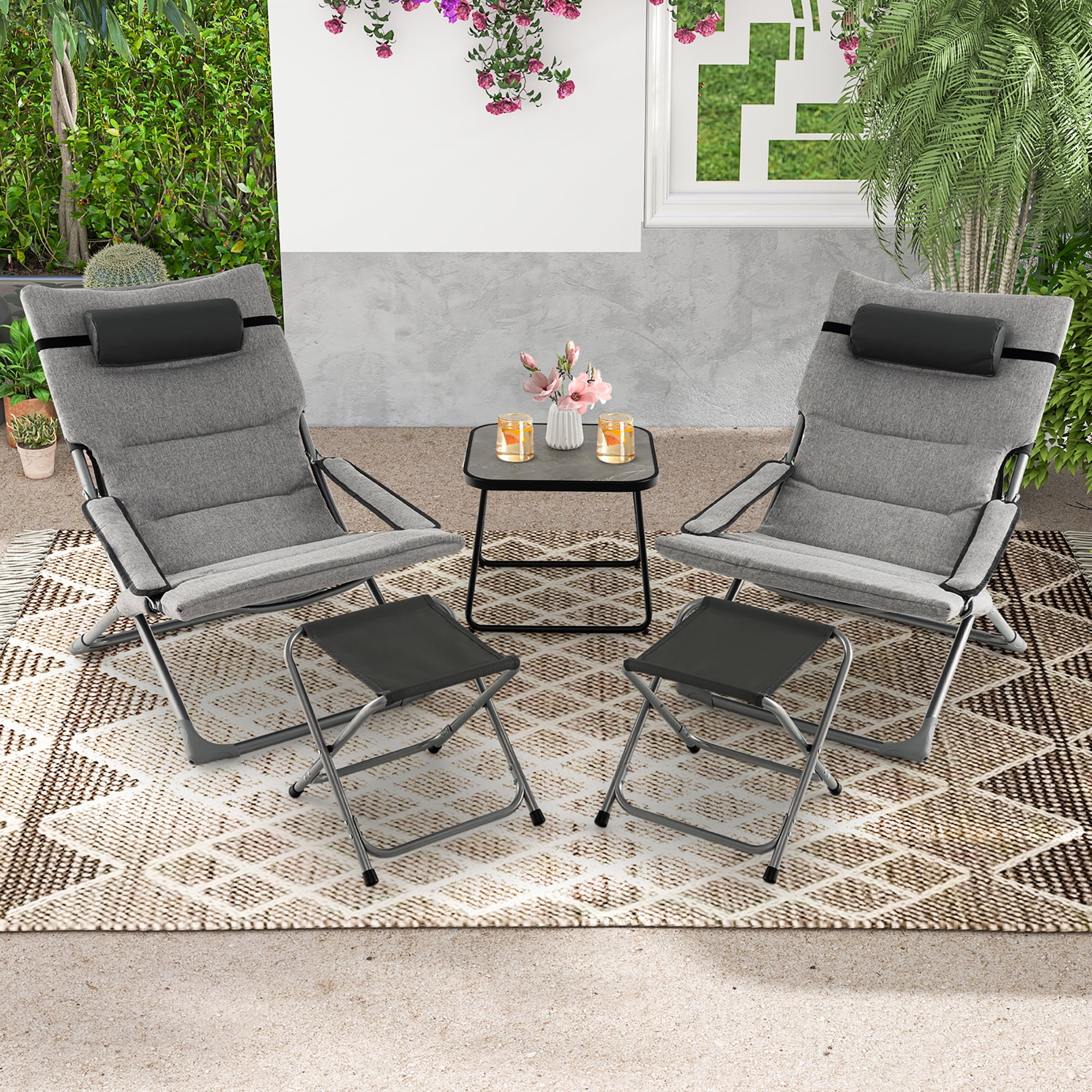 Gymax 5-Piece Patio Sling Chair Set Folding Lounge Chairs w/ Coffee ...