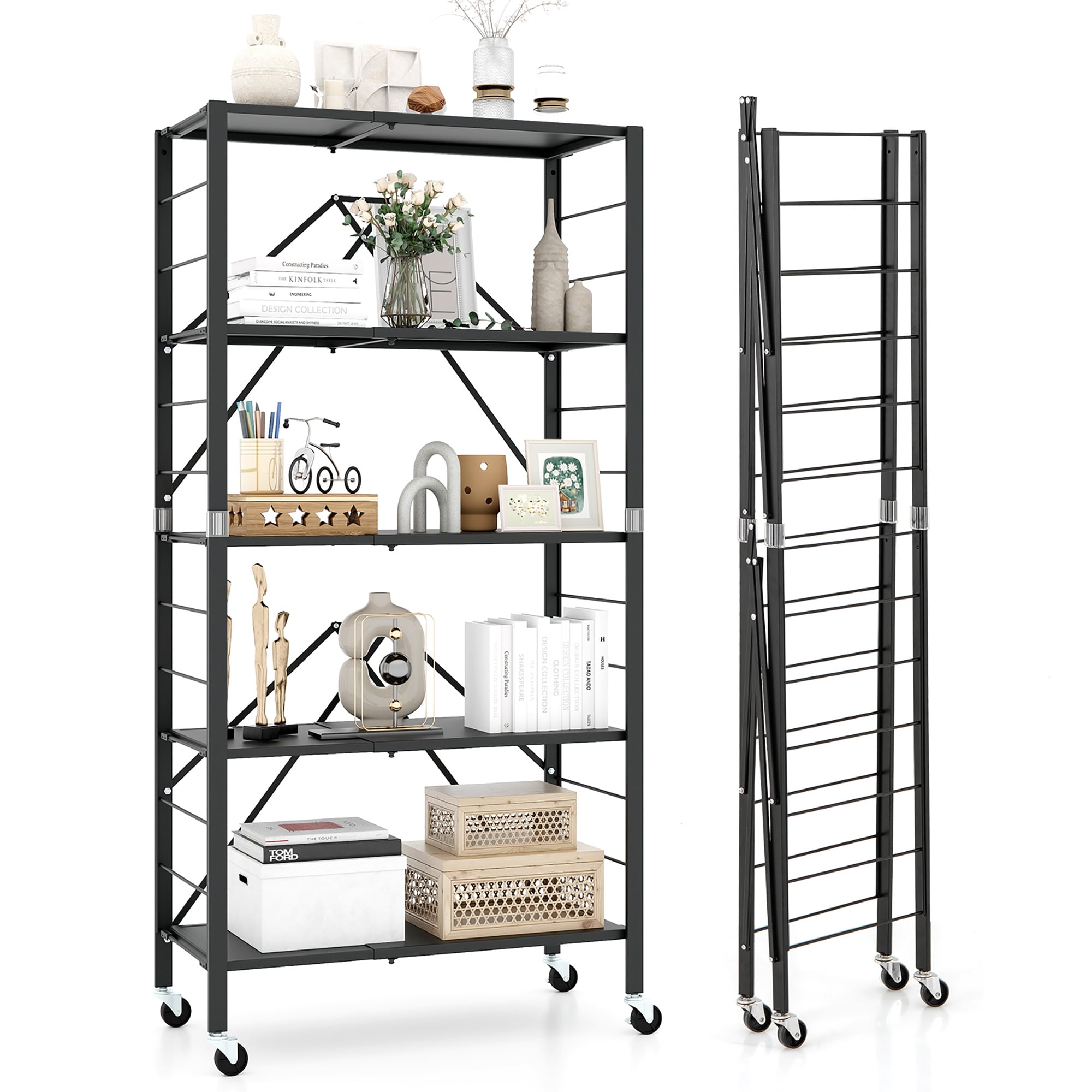 Gymax 5-Tier Foldable Storage Shelf w/ Wheels Adjustable Shelves Metal ...