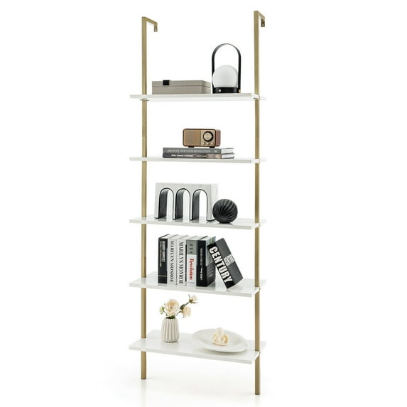 Gymax 5 Tier Leaning Metal Ladder Bookshelf, Wall-Mounted Bookcase ...