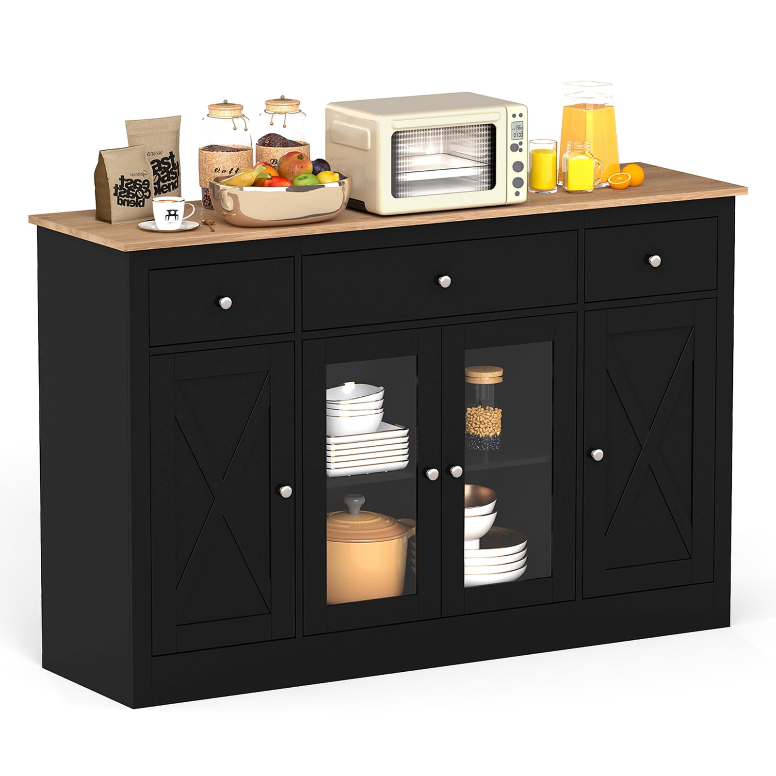 Gymax 55'' Large Buffet Sideboard w/ 3 Drawers 2 See-through Doors ...