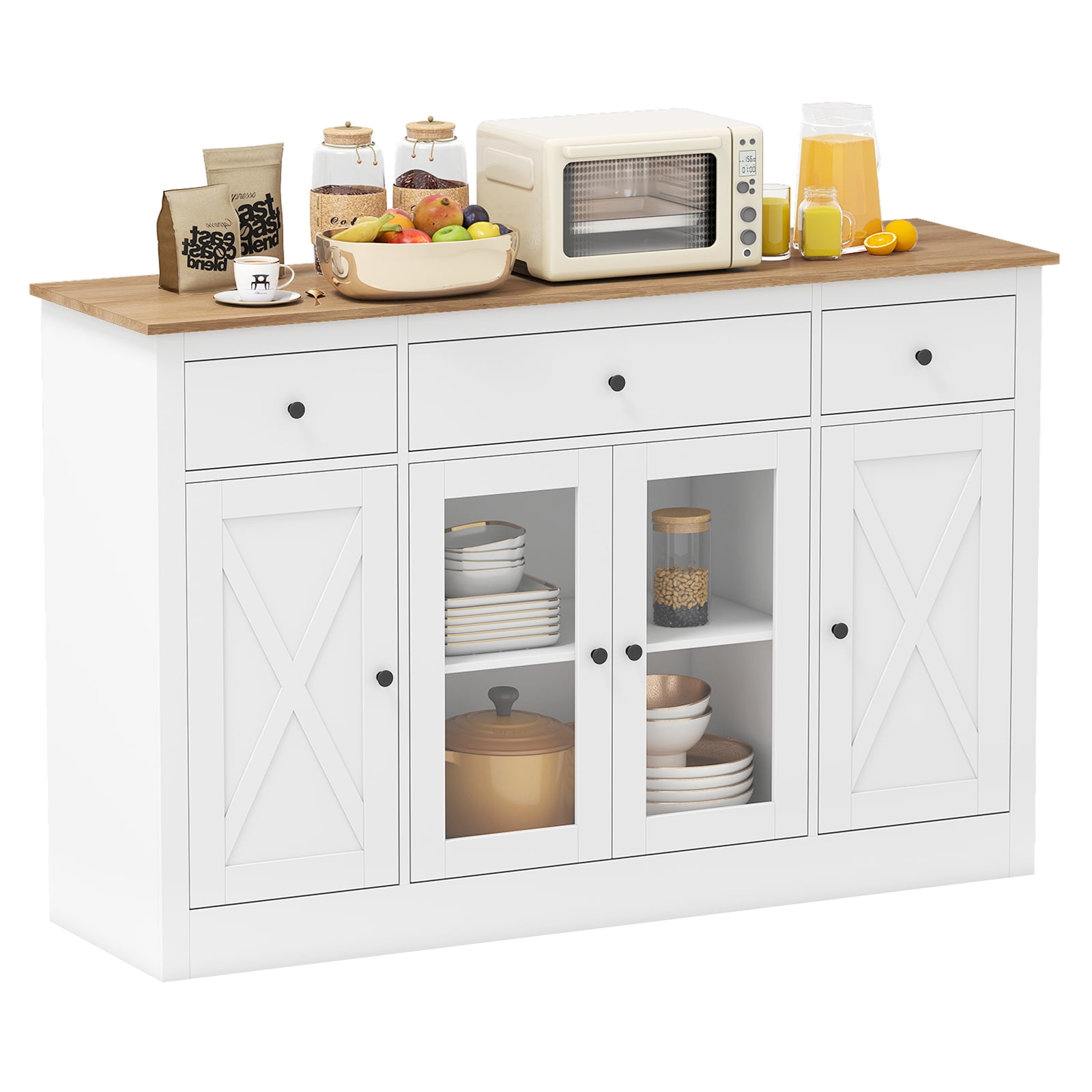 Gymax 55'' Large Buffet Sideboard w/ 3 Drawers 2 See-through Doors ...
