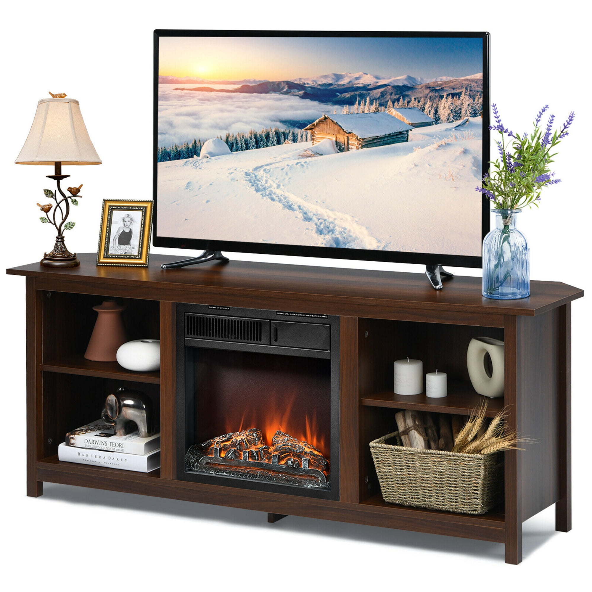 Gymax 58'' 2-Tier Fireplace TV Stand W/18'' Electric Fireplace Coffee ...