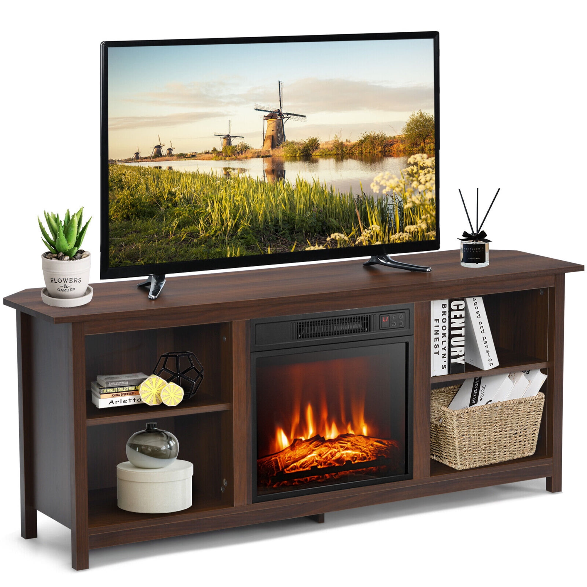 Gymax 58'' 2-Tier Fireplace TV Stand with 18'' Adjustable Electric ...