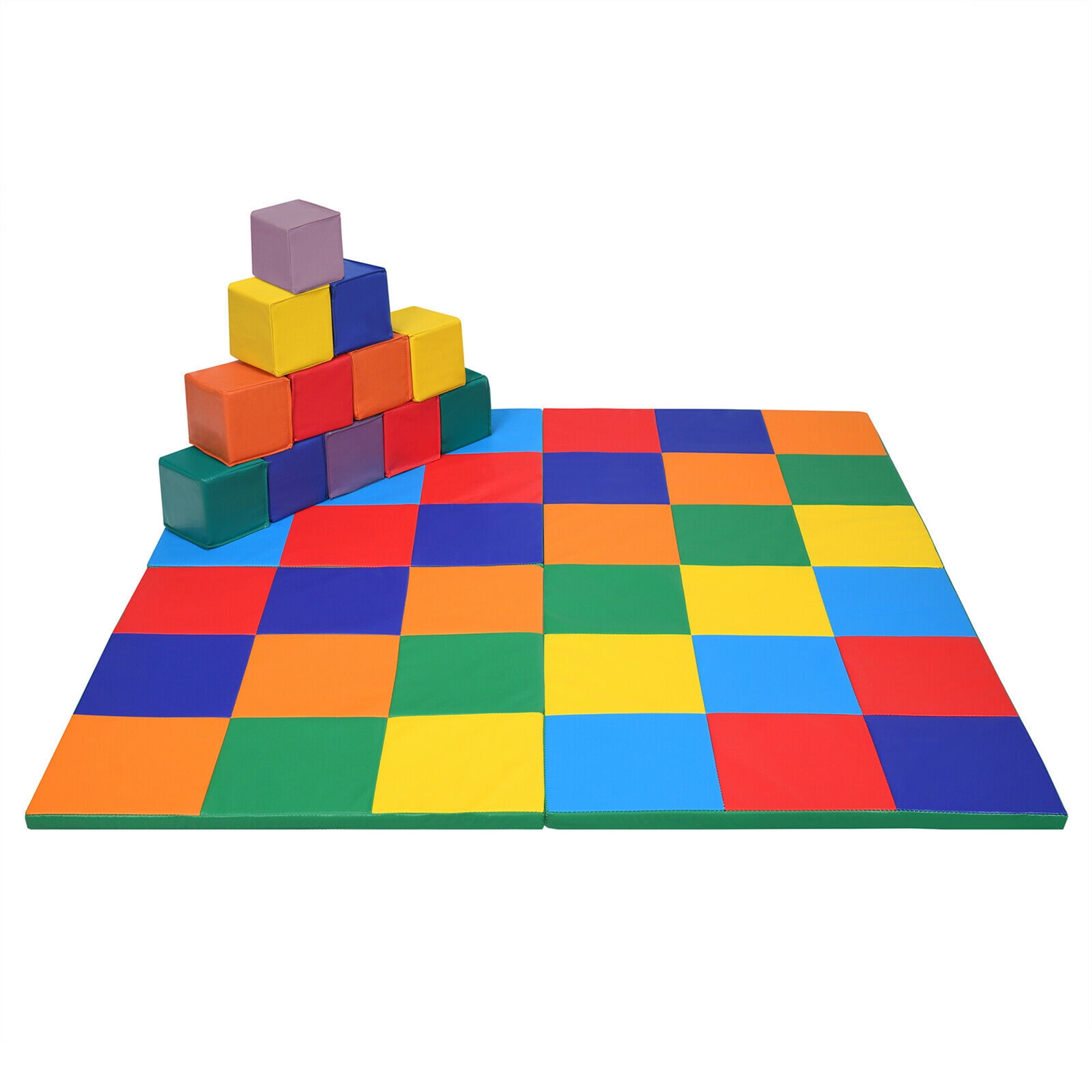 Gymax 58'' Toddler Folding Floor Mat with 12 Soft Foam Building Blocks ...