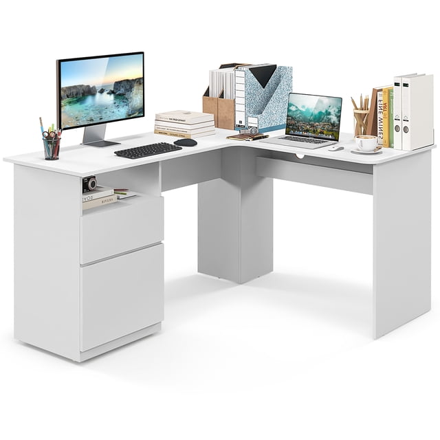Gymax 59'' Corner Computer Desk L-Shaped Desk w/ Letter Size File ...