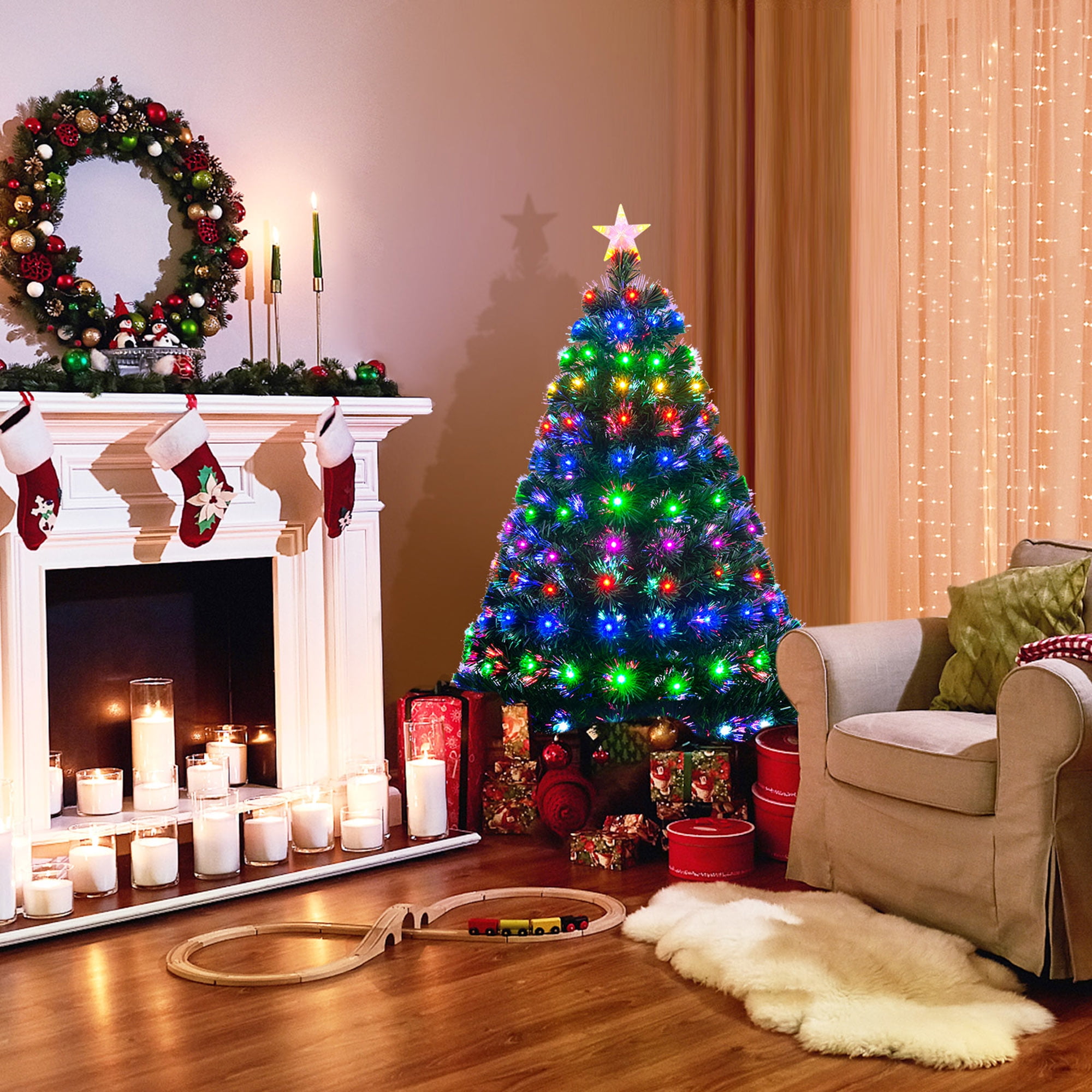 Gymax 5Ft Pre-lit Optical Fiber Christmas Tree w/ Colorful LED Lights ...