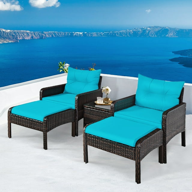 Gymax 5PCS Patio Set Sectional Rattan Wicker Furniture Set w/ Turquoise ...
