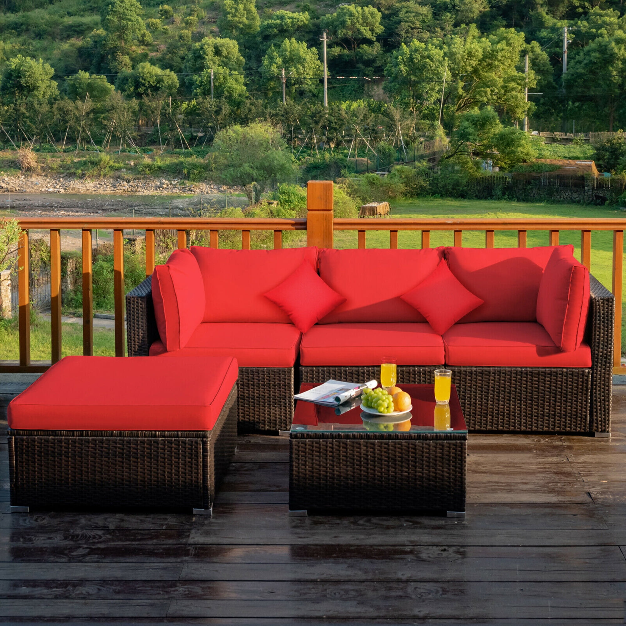 Gymax 5PCS Rattan Sectional Sofa Set Patio Furniture Set w/ Red Cushion ...