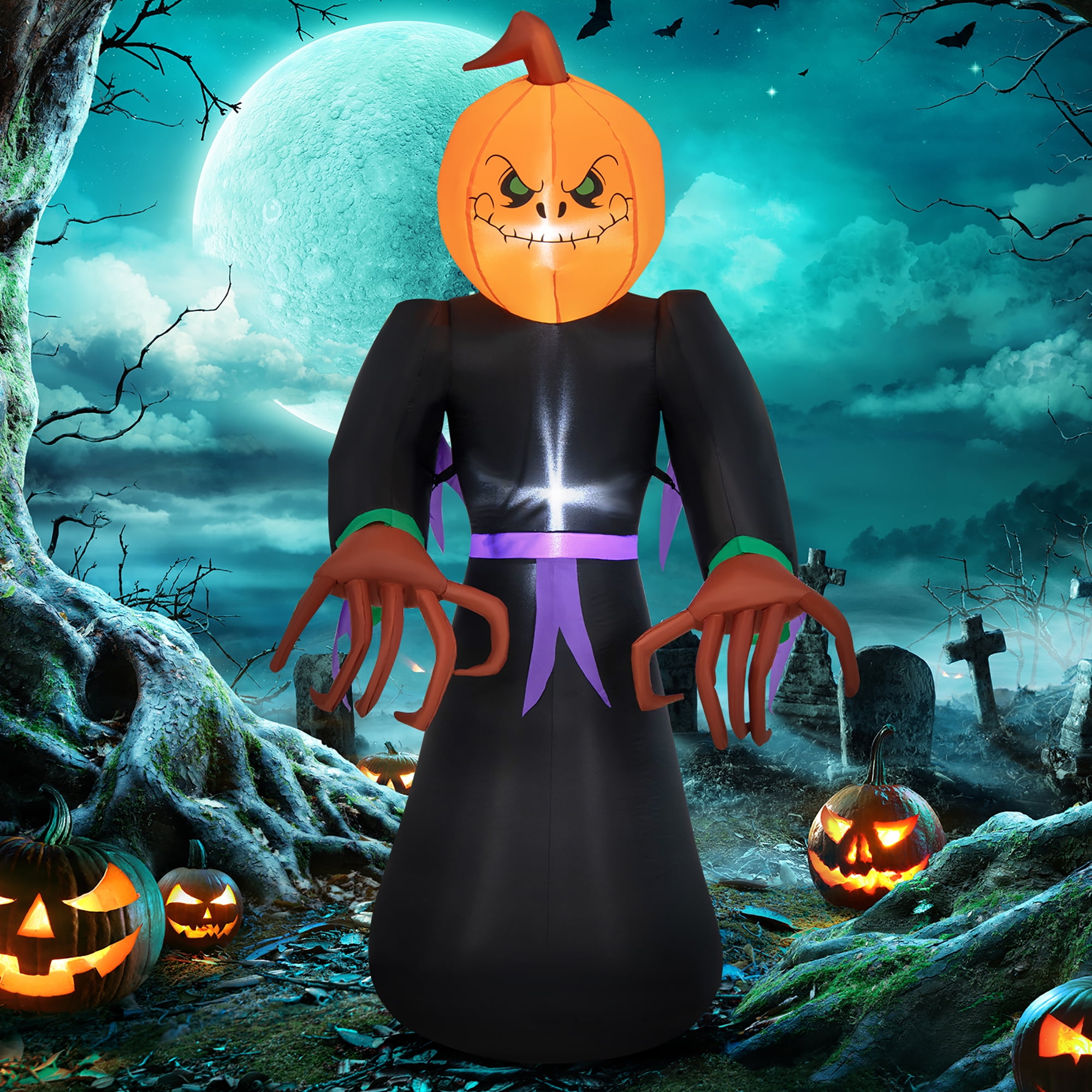 Gymax 6.5FT Halloween Inflatable Pumpkin Reaper Ghost Decoration w/ LED ...